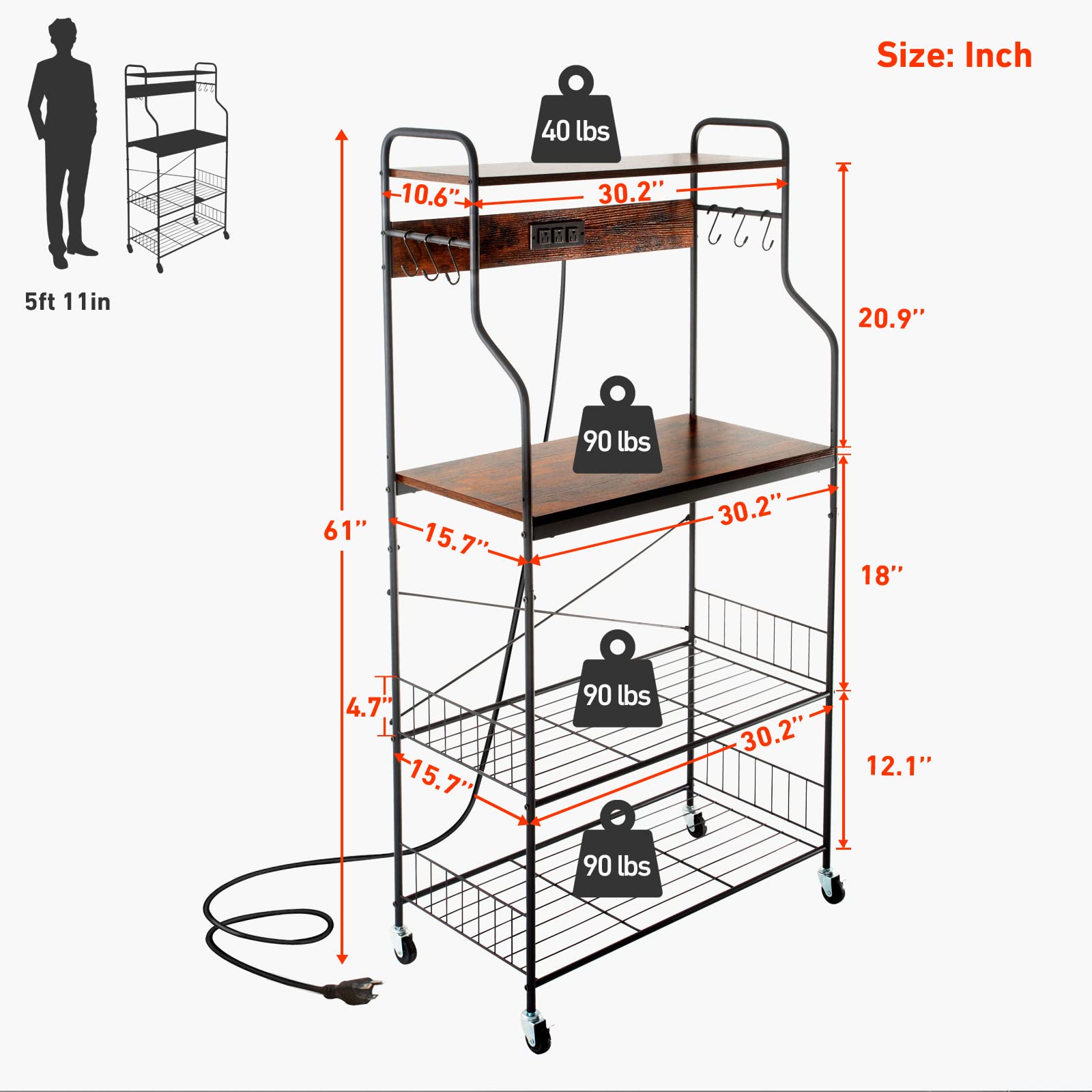 Hosfais Kitchen Appliance Organizer - Kitchen Shelves Freestanding with 3 Power Outlets, Microwave Stand with 4 Tiers Storage Shelf, Kitchen Appliance Stand with Hooks