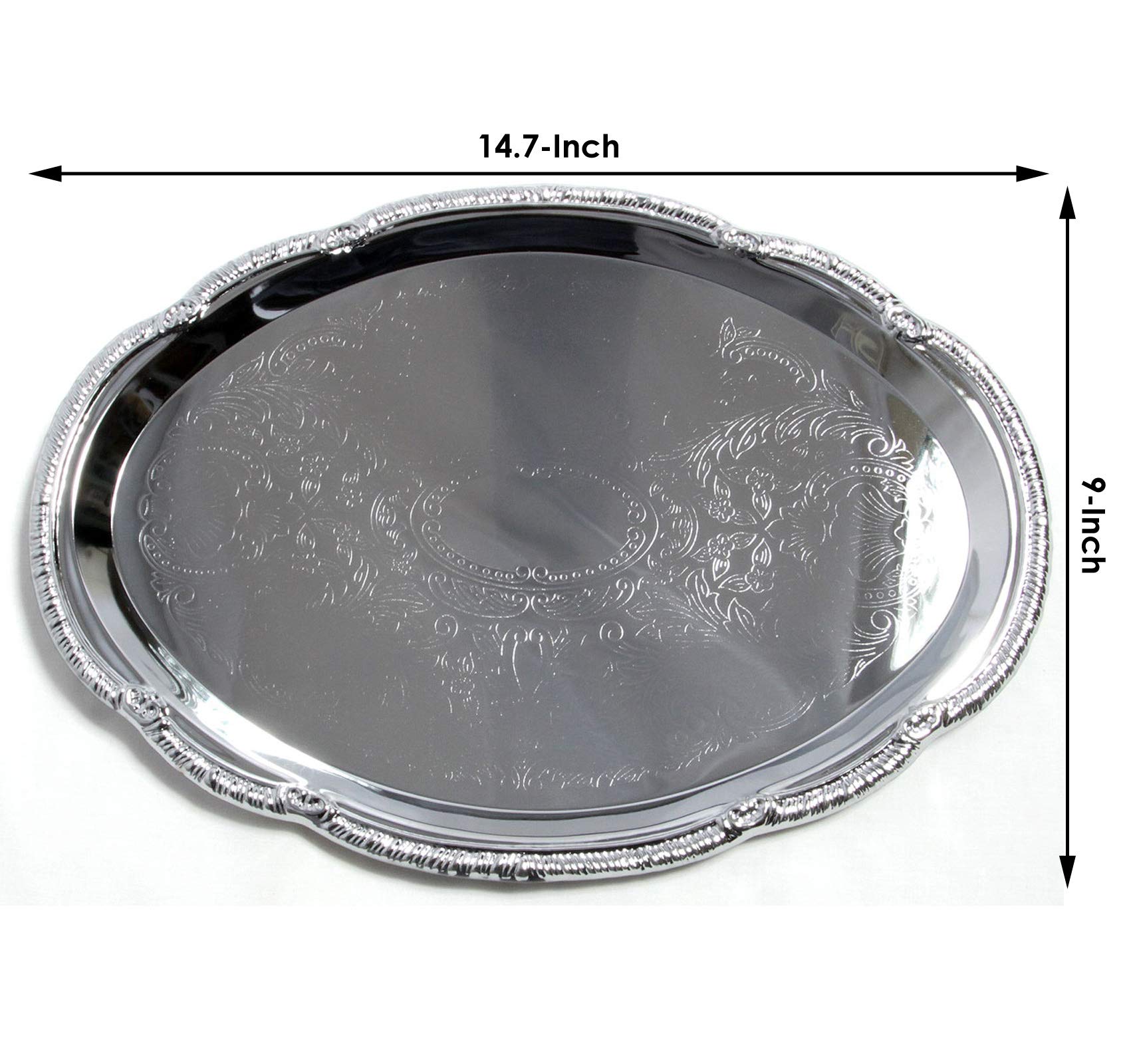 Maro Megastore (Pack of 4) 14.7" x 10.6" Oval Shape Chrome Plated Serving Tray Plate Food Art Deco Floral Pattern Engraved Multi-Purpose Holiday Party Buffet Wedding Birthday (Large) T125L-4PK