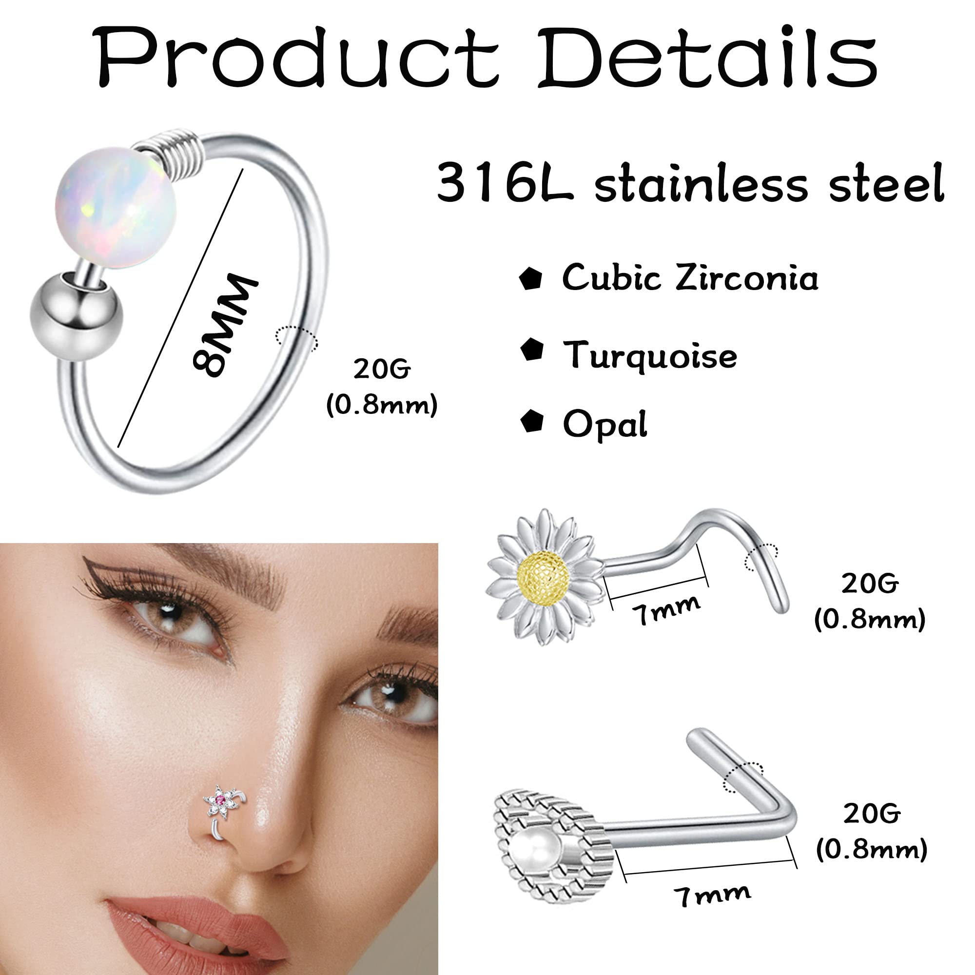 MJust 20G Nose Rings Stainless Steel Nose Rings Hoops Nose Studs Bone L Shaped Screw Nose Rings Studs Nose Nostril Piercing Jewelry Silver