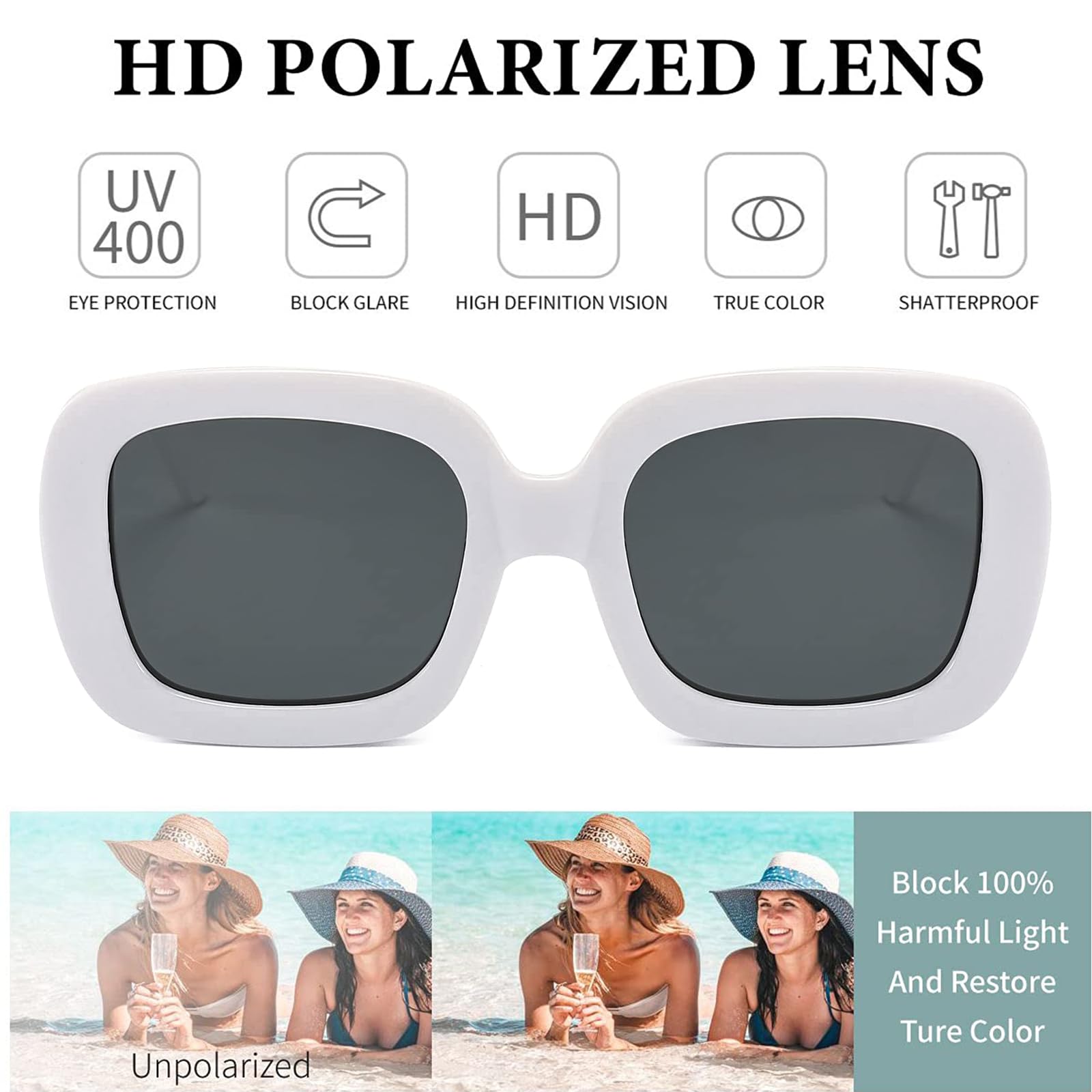 Oversized Polarized Sunglasses Square Shades: Trendy Large Big Ladies White Sun Glasses - Luxury Vintage Sunglasses UV Protection