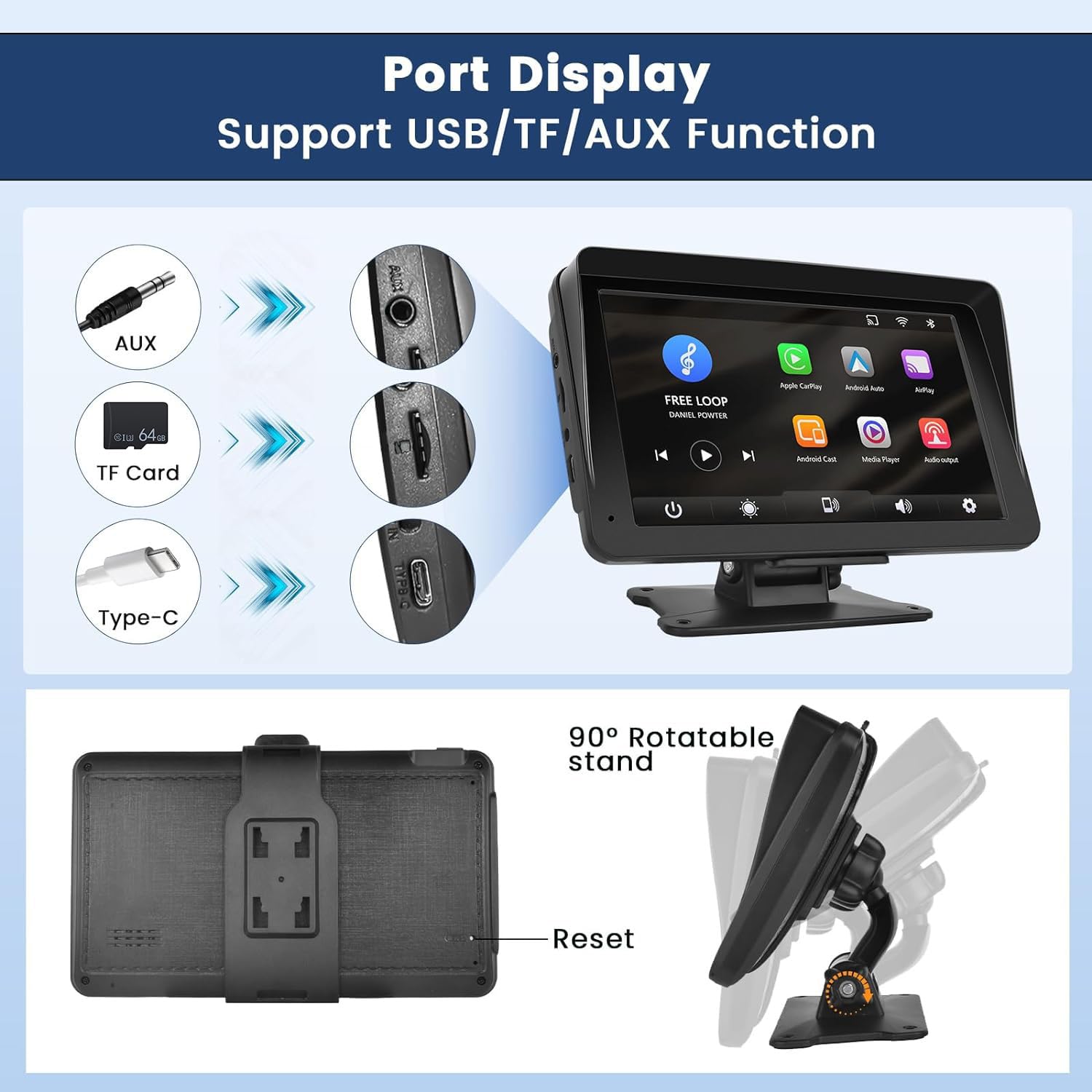 Hikity Portable Wireless Apple Carplay & Android Auto Car Stereo with 7 Inch Touchscreen Car Radio Support AirPlay Android Bluetooth Handsfree AUX/FM Transmitter 64GB TF Card
