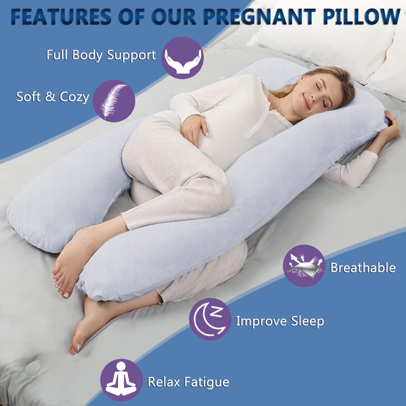 Rokiny Pregnancy Pillows, U-Shape Full Body Pillow and Maternity Pillow with Removable Cover - Support for Back, HIPS, Legs, Belly for Pregnant Women Sleeping (White)