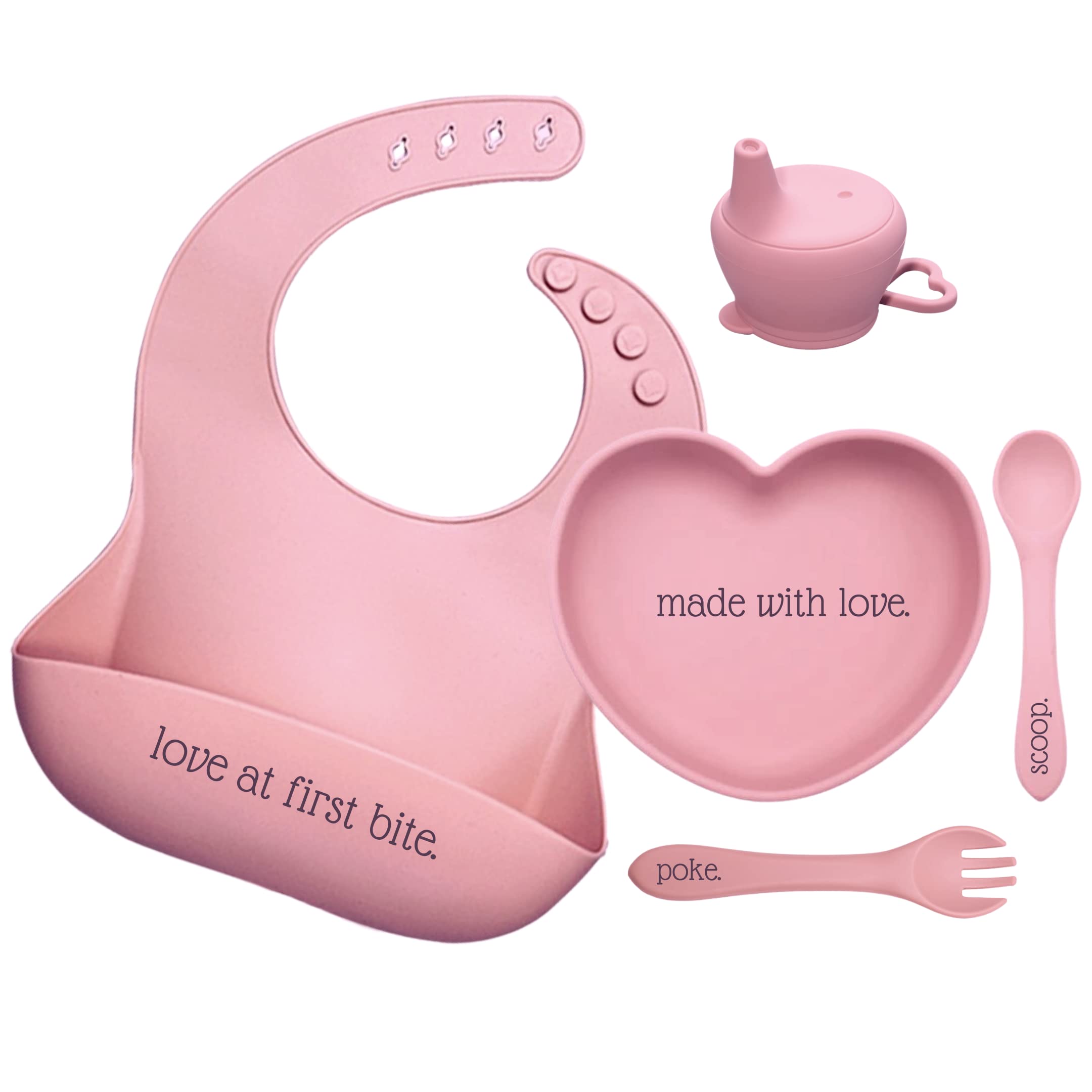 Rosebud & Bloom Shaped Silicone Feeding Set 5 Piece Baby & Toddler Tableware Silicone Set, Bib, Rosebud & Bloom Plate/Bowl, Fork & Spoon, Sippy Cup Lid Small Standard