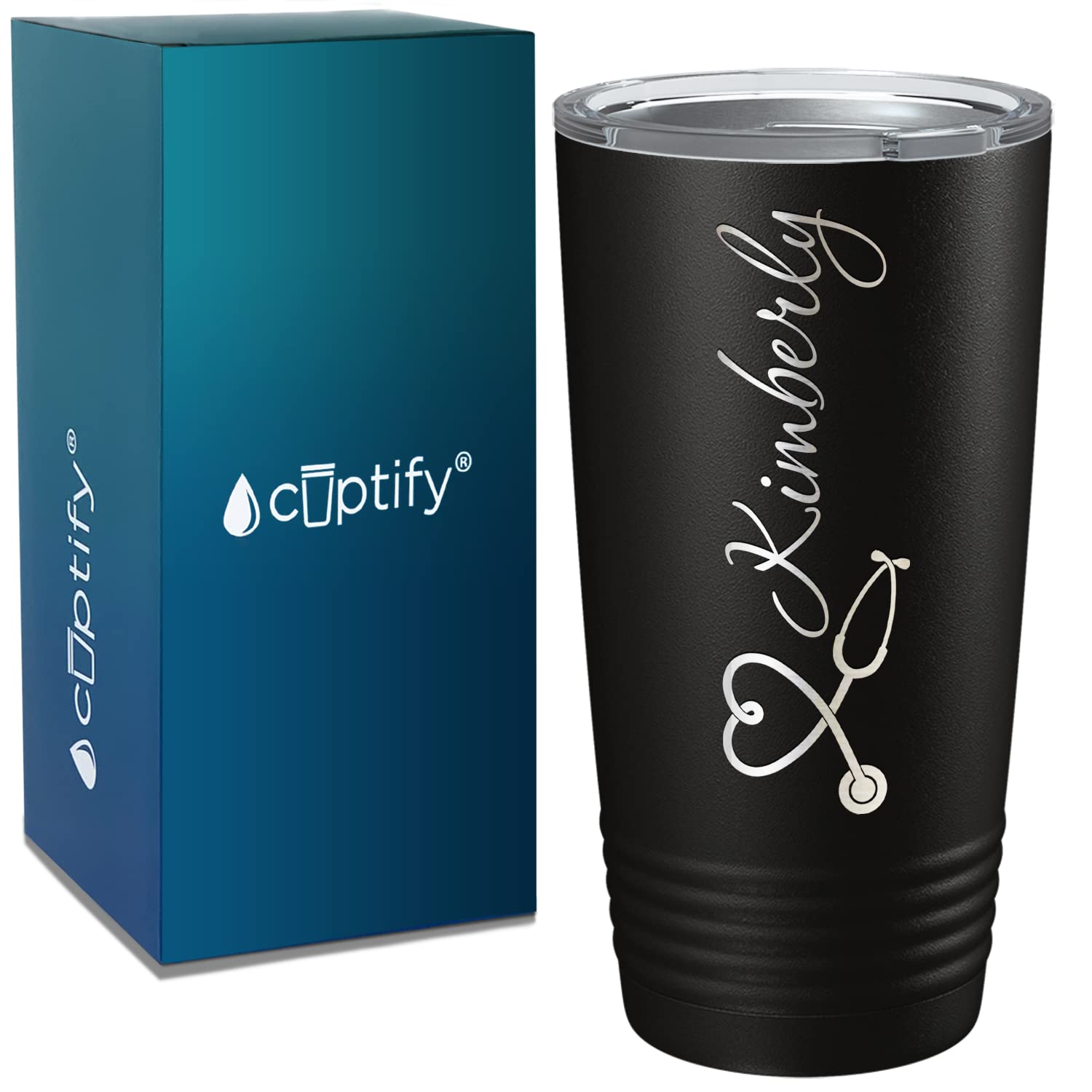 Personalized Heart Stethoscope Nurse, RN, LPN, CNA, CMA, MA Laser Engraved on Black 20 oz Stainless Steel Tumbler with Lid - Insulated Cup - Travel Mug