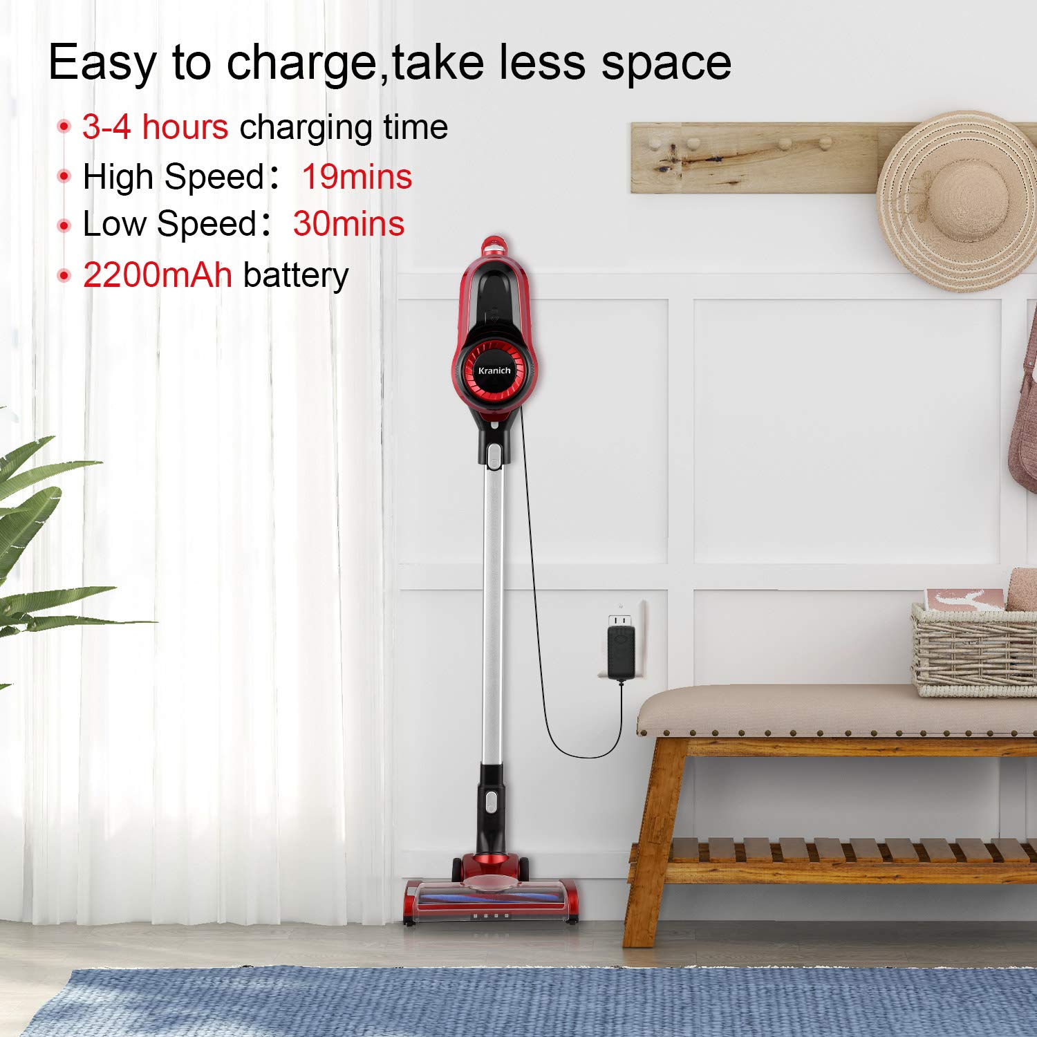 Kranich Lightweight Cordless Vacuum Cleaner, High Efficiency Powerful Digital Motor LED Headlights, Convenient Stick and Handheld Vac