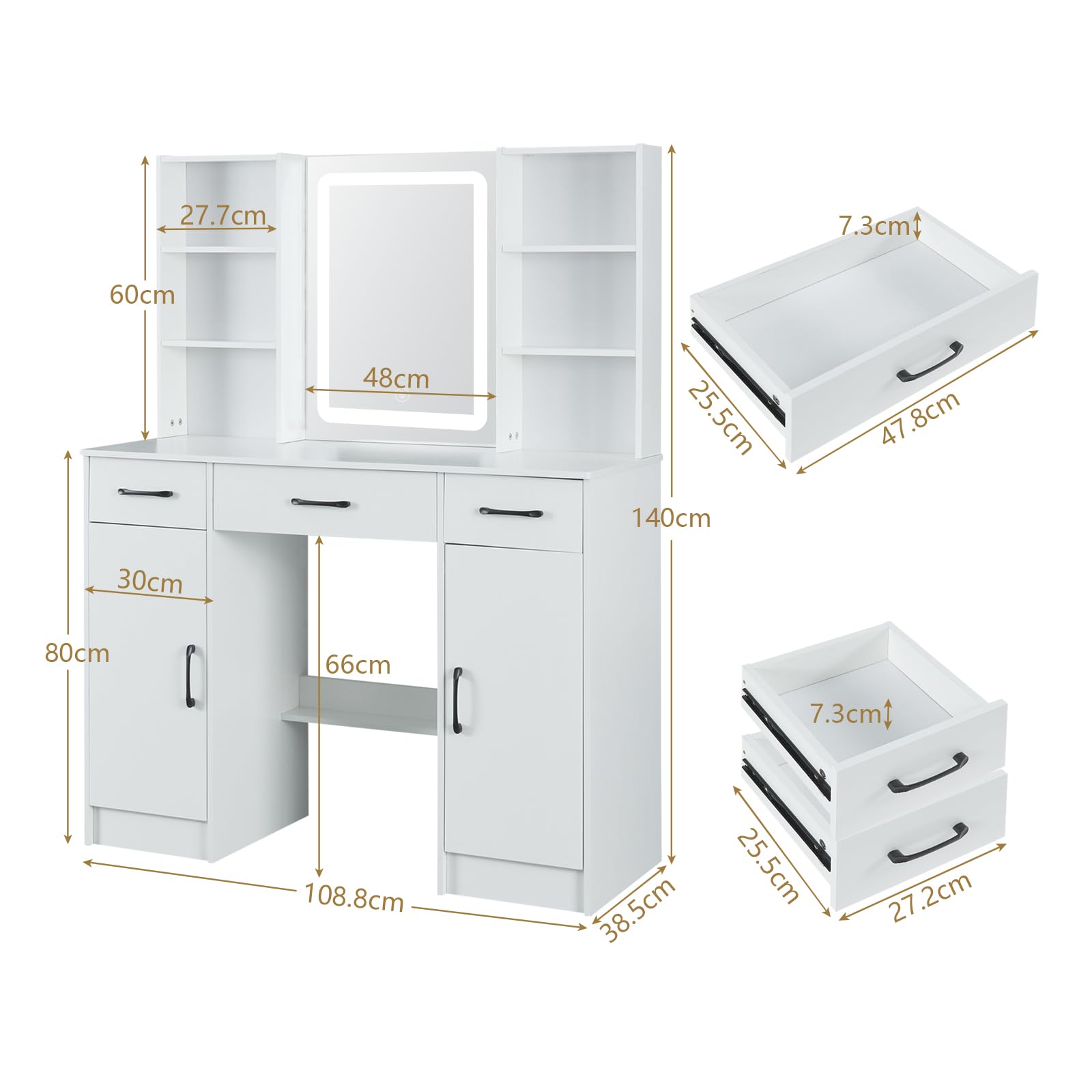 Hikooo Large Makeup Vanity 42" W Dresser with Lights and Mirror, 2 Large Drawer & Six Level Storage Dresser, 3 Color Lighting Modes Adjustable Brightness Bedroom Dressing Table - White