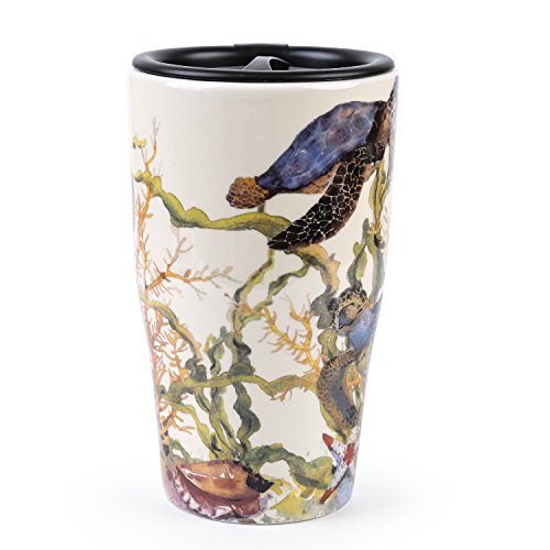 Minigift Ceramic Coffee Mug,Travel Cup with Lid,Handmade Milk Mug 16oz-Ocean Turtle