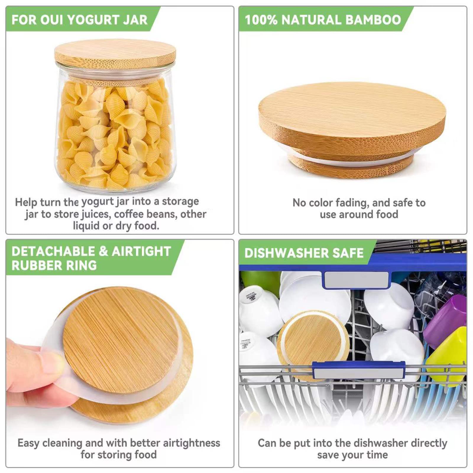 Lid Fits Oui Yogurt Jar, 4 Pack Bamboo Reusable Lids Wood Cover Compatible with Yoplait Yogurt Jar, Airtight & Dishwasher Safe