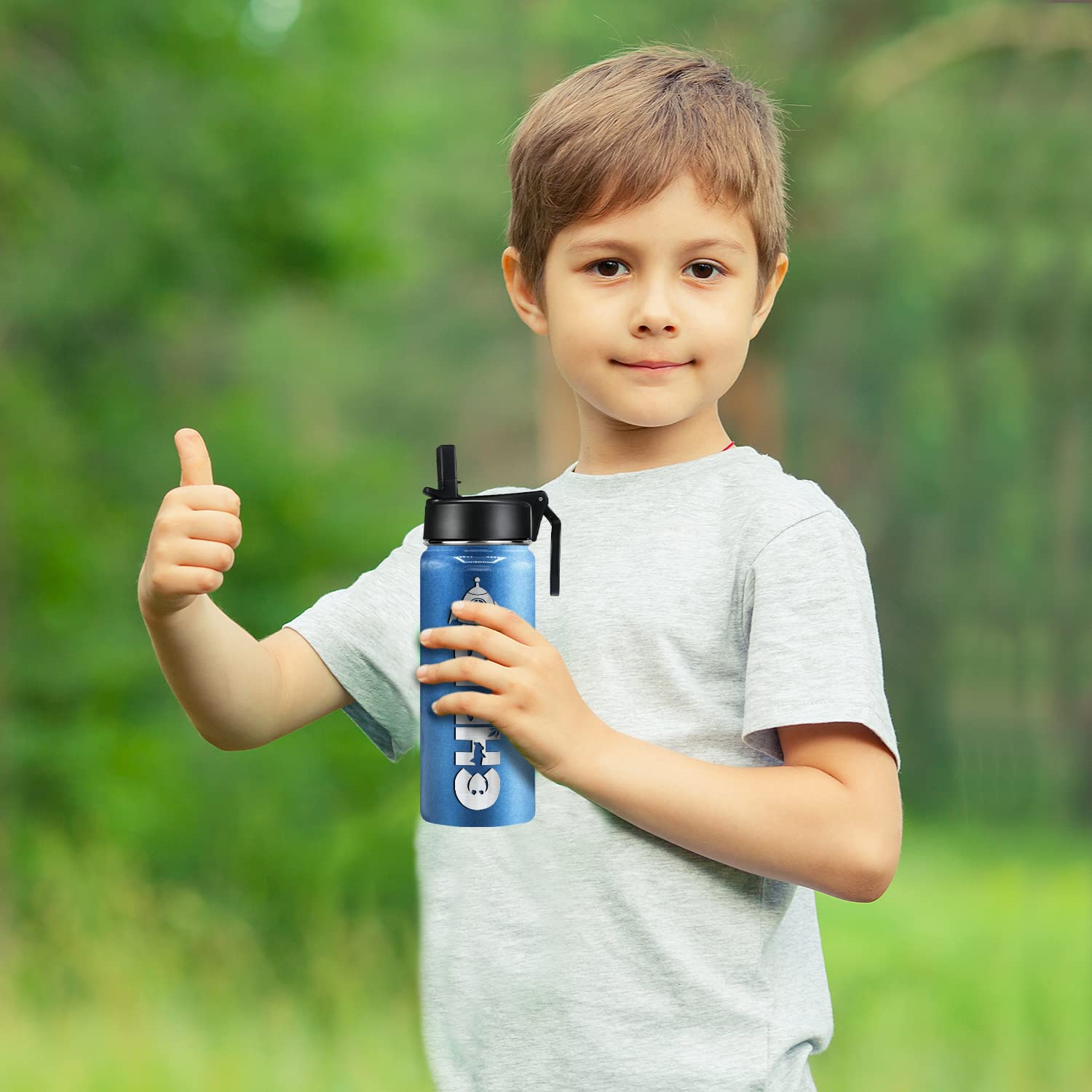 Personalized Kids Water Bottle with Straw Lid on Baby Blue Glitter for School Engraved Custom Children Name 18 oz Modern Insulated