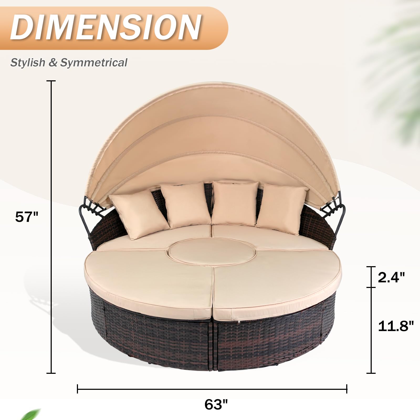 SOLAURA Outdoor Round Daybed, Patio Daybed with Retractable Canopy and Brown Wicker Patio Sectional Sofa, Seating Separates Cushioned Seats (4 Light Brown Pillow)