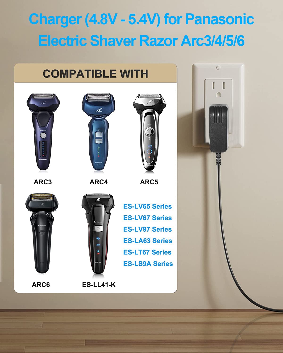 Shaver Charger for Panasonic Arc3 4 5 Power Cord,Razor Charger for Panasonic Electric Razor ES-LV65/LV67/LV95/LV97, 5.4V Adapter with 5.9FT Cable