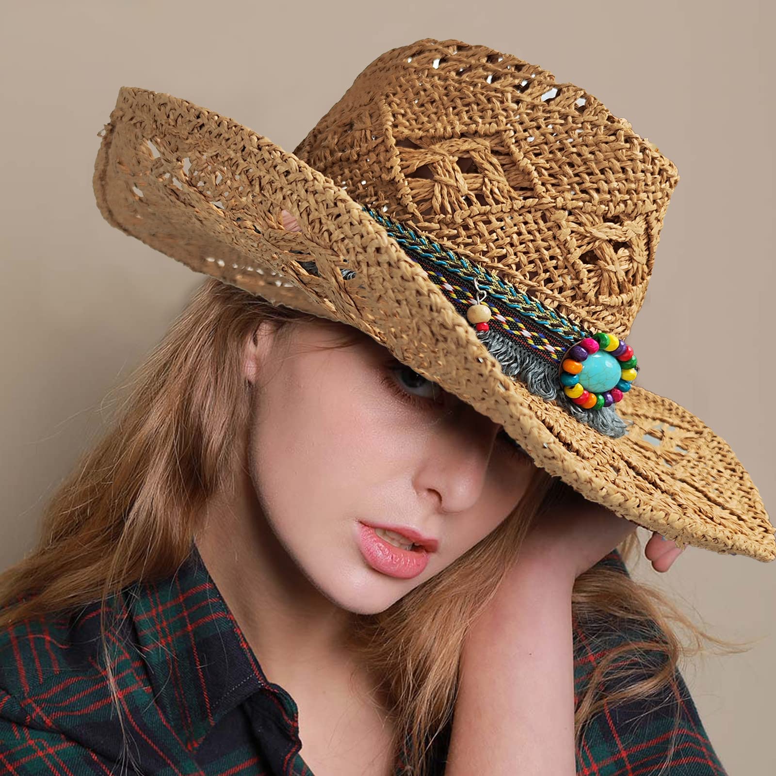 LLYONE Straw Cowboy Hat for Women Wide-Brimmed Western Cowboy Cowgirl Multi-Functional Sun Hat for Summer