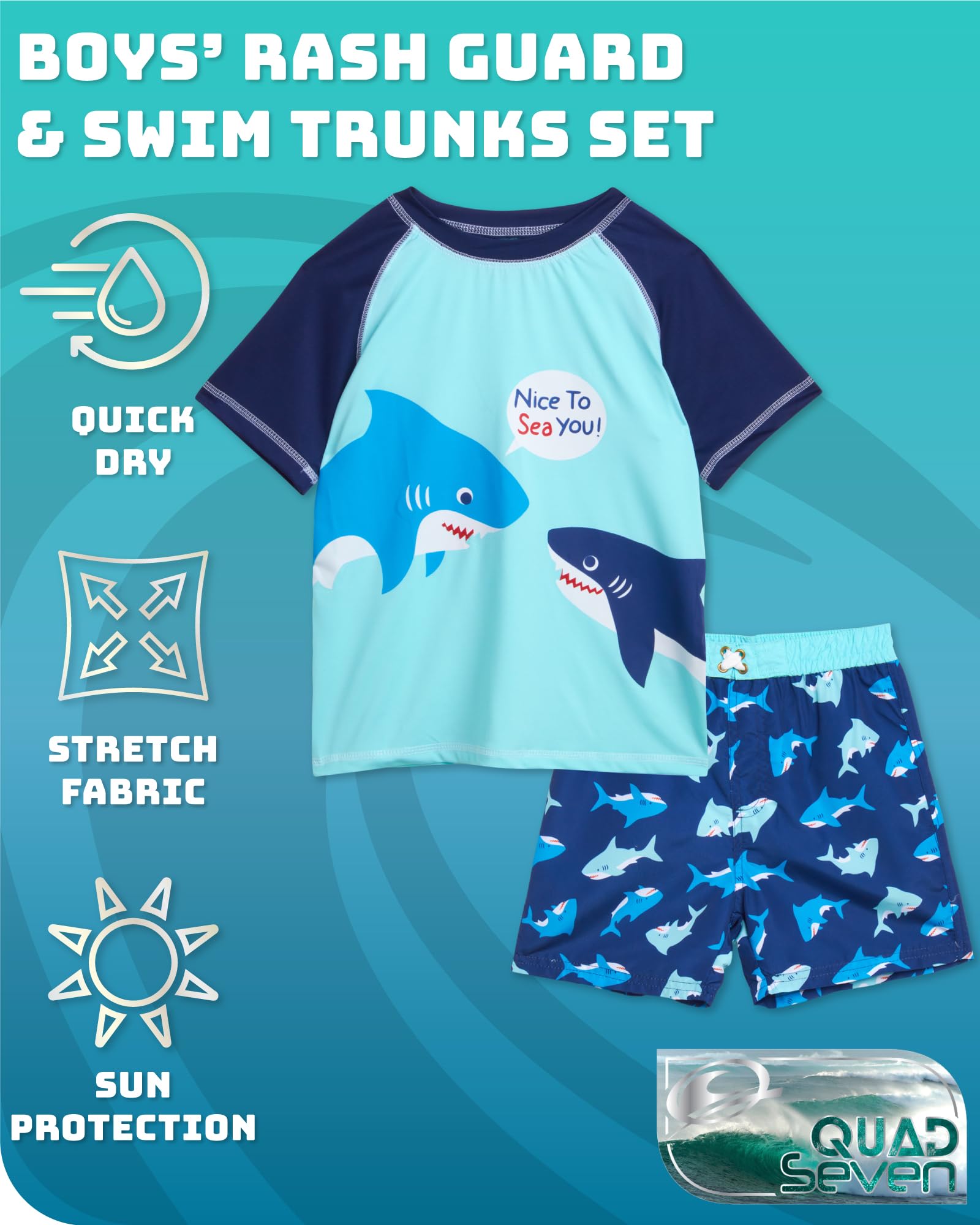 Quad Seven Baby Boys' Rash Guard Set - 2 Piece Bathing Suit Trunks and Rash Guard Swim Shirt (2T-7), Size 2T, Navy Shark/Fishies