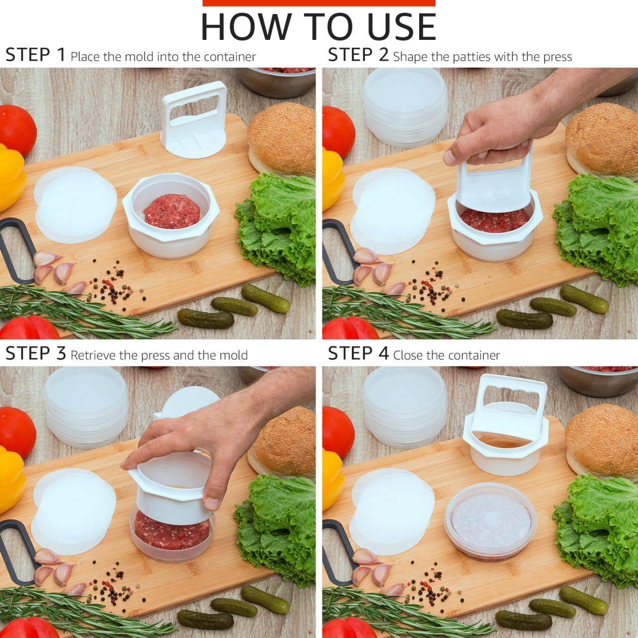Miles Kimball Hamburger Press Patty Maker - 4 in1 Burger Mold Patty Press, 4 Storage Containers, 100 Patty Papers - Essential Hamburger Patty Maker Tool for BBQ - Burger Shaper for Meat Veggie Patties