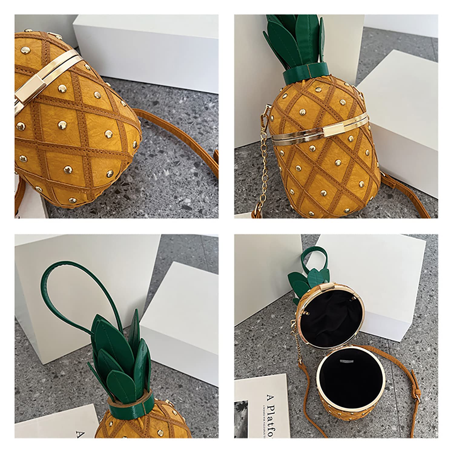 OXYPLAY 3D Pineapple Bucket Purse for Women,Trendy Chain Messenger Crossbody Bag with Rivet, Tropical Hawaiian Party Shoulder Handbag (Yellow)