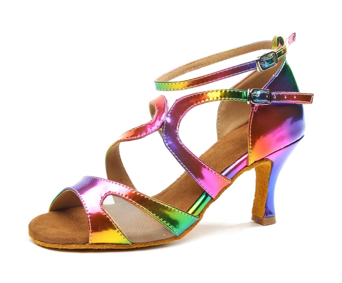 Minishion GL249 Women's Ankle Strap Multicolor Synthetic Fashion Dance Shoes Colorful Party Prom Sandals US 10