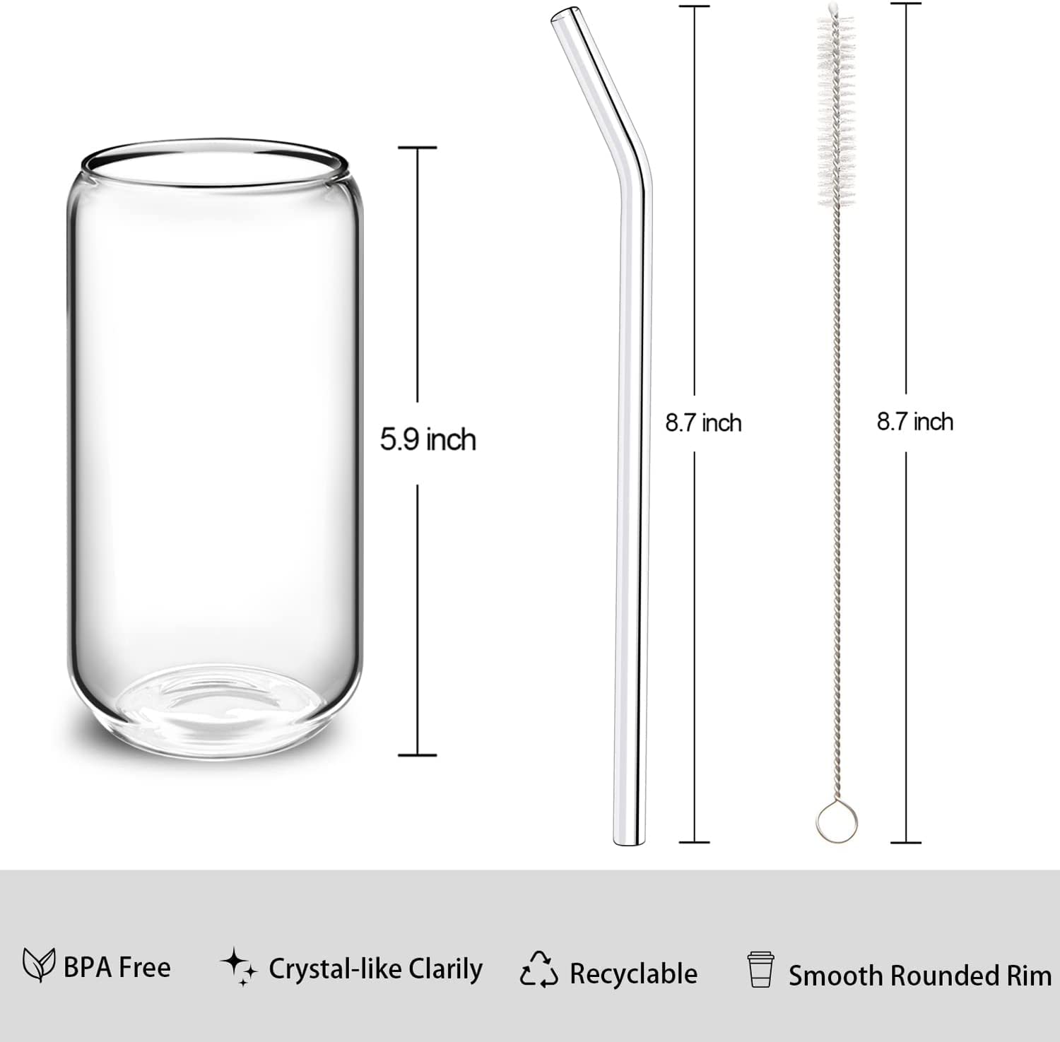 MOHARY Drinking Glasses with Glass Straw 4pcs Set - 16oz Glass Cups, Iced Coffee Glasses, Beer Glasses, Cute Reusable Bottle, Ideal for Whiskey, Cocktail, Tea, Water, Gift - 2 Cleaning Brushes