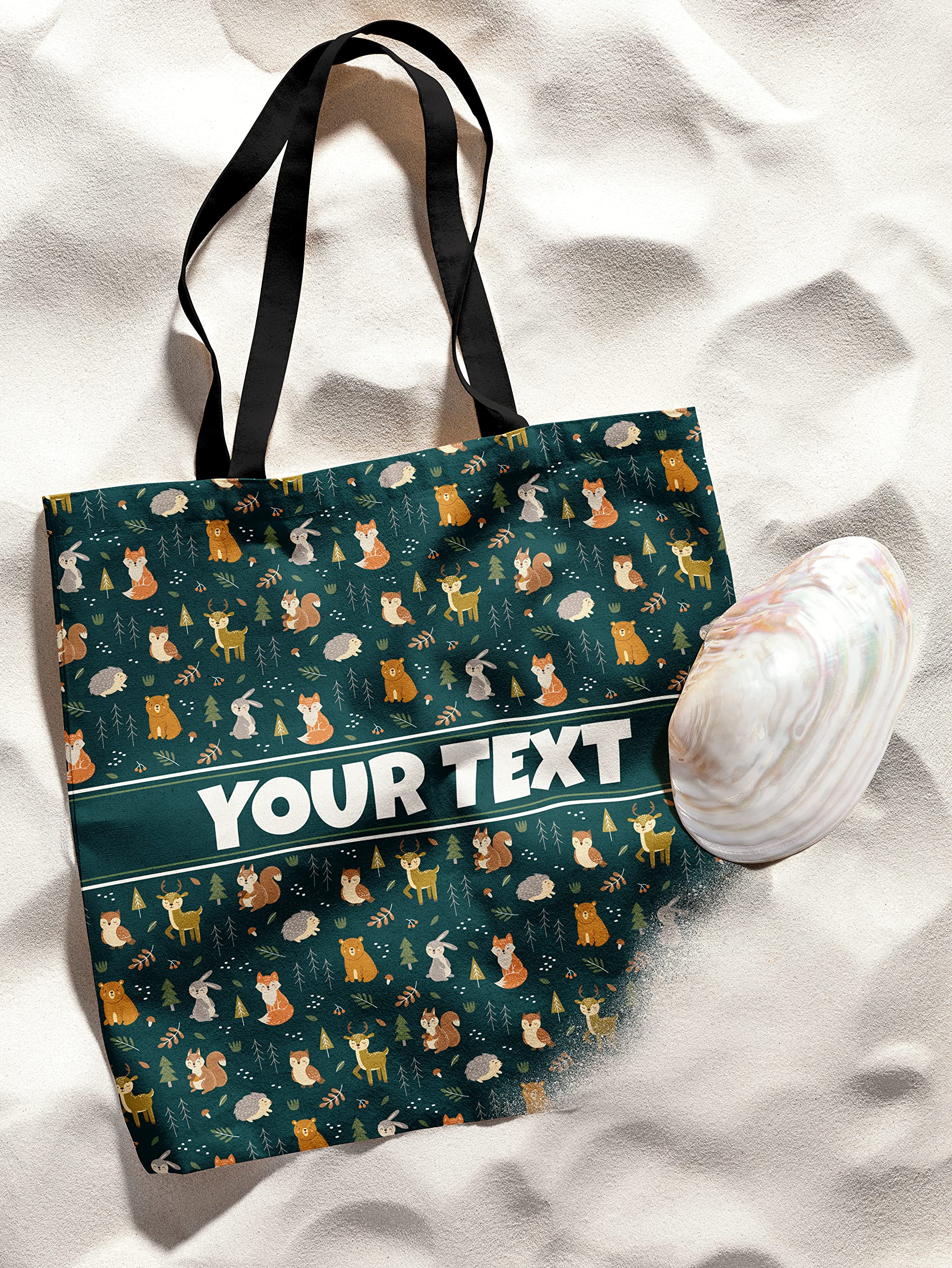 Personalized Tote Bag for Kids - Woodland Animals, Custom Name/Text, Reusable w/ Straps, Canvas Cloth Fabric, Customized Gift Idea for Boys/Girls/Children, Birthday/Christmas/Holiday Present, 13x13"