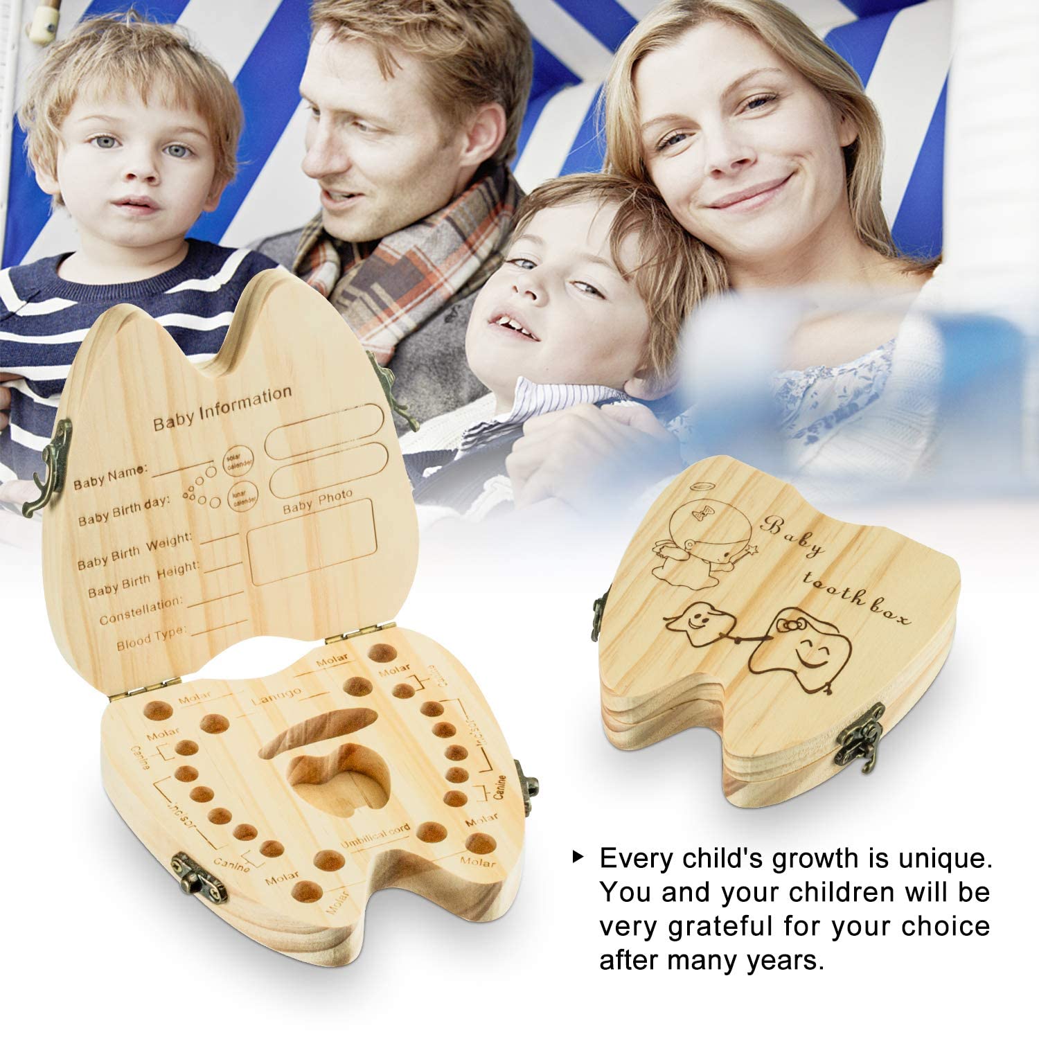 OYBUFSH Baby Teeth Keepsake Box Tooth Fairy Holder Wooden First Lost Deciduous Tooth Collection Organizer Storage for Kids Memory (Boy)