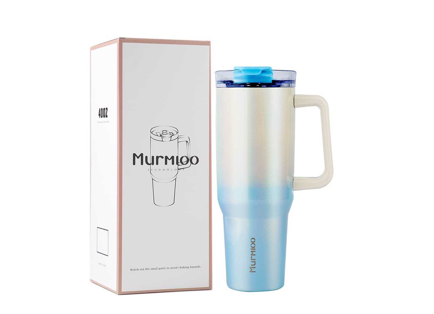 Murmioo 40OZ Tumbler with Handle and Straw,Insulated Leak Proof Double Walled Stainless Steel Travel Mug,Reusable Water Bottle Cup,keep Cold Ice,Hot water for Hours(Blue white gradient)