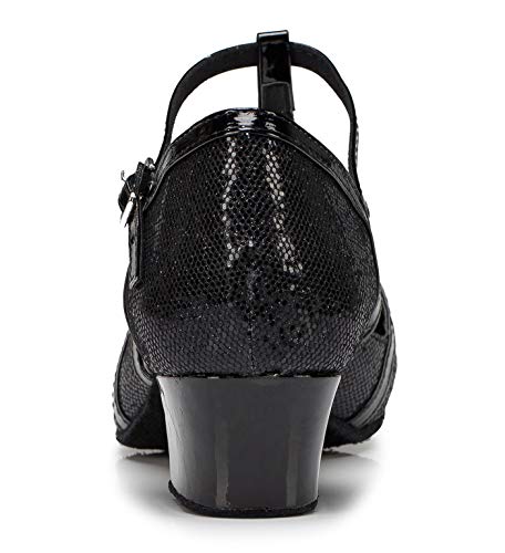 Minishion Women's T-strap Dance Heels Black/3.5cm Heel Glitter Salsa Ballroom Shoes US 10