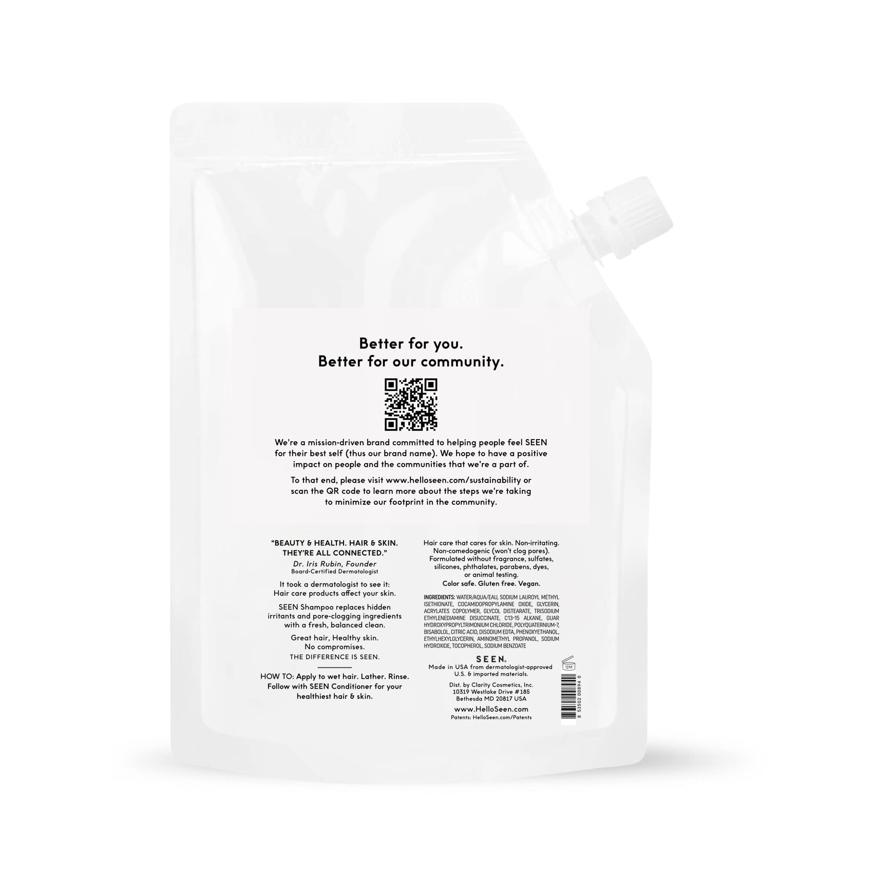 SEEN Shampoo Eco-Refill, Fragrance Free - Non-Comedogenic & Sulfate-Free Hair Shampoo- Dermatologist-Developed - Safe for Sensitive, Eczema & Acne Prone Skin
