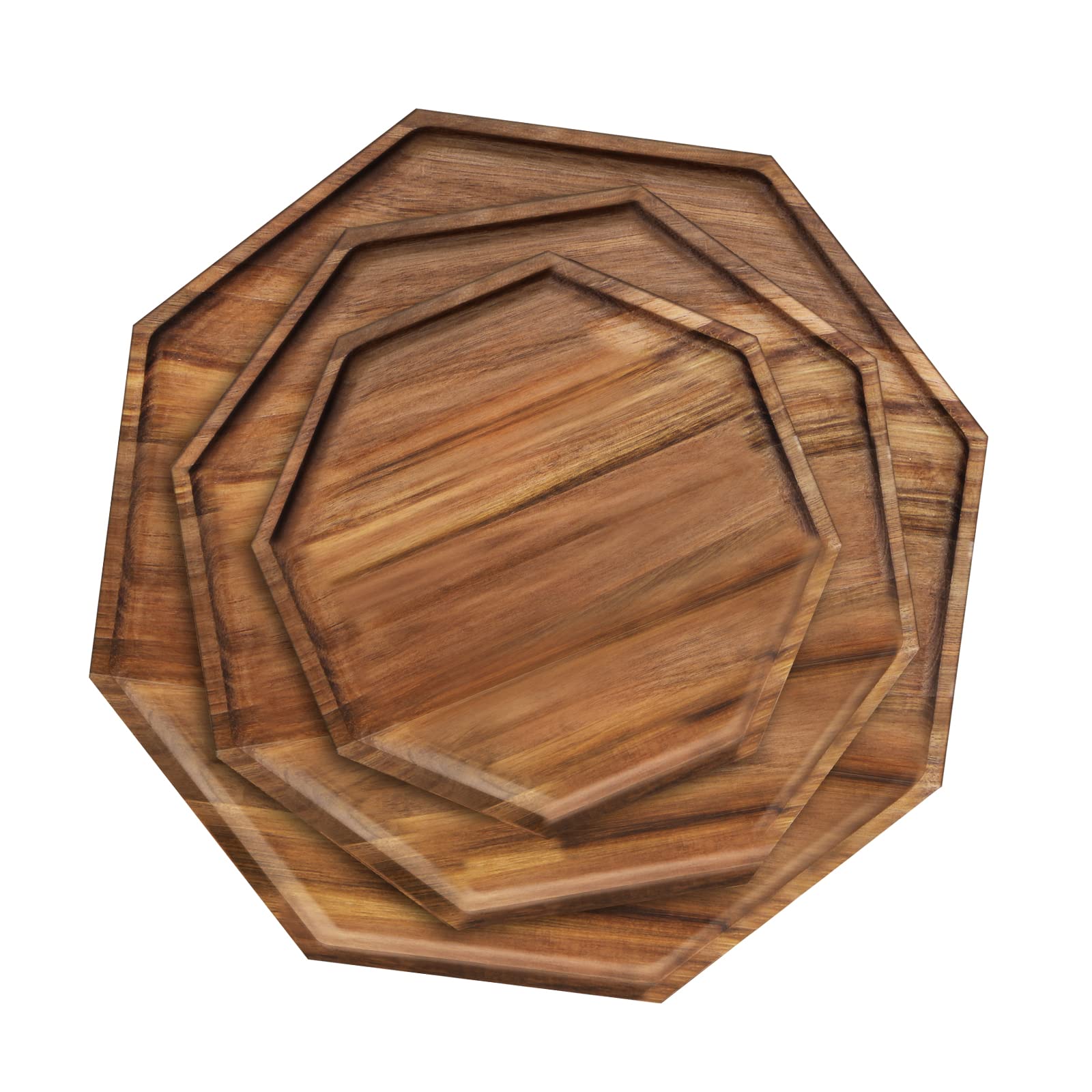 MOJIEZUO Set of 3 Acacia Wood Serving Trays, Octagonal Wooden Platters for Vegetable,Fruit, Charcuterie Boards,Cheese Boards and Decorative Coffee Tea Platters (8 in & 10 in & 12 in)