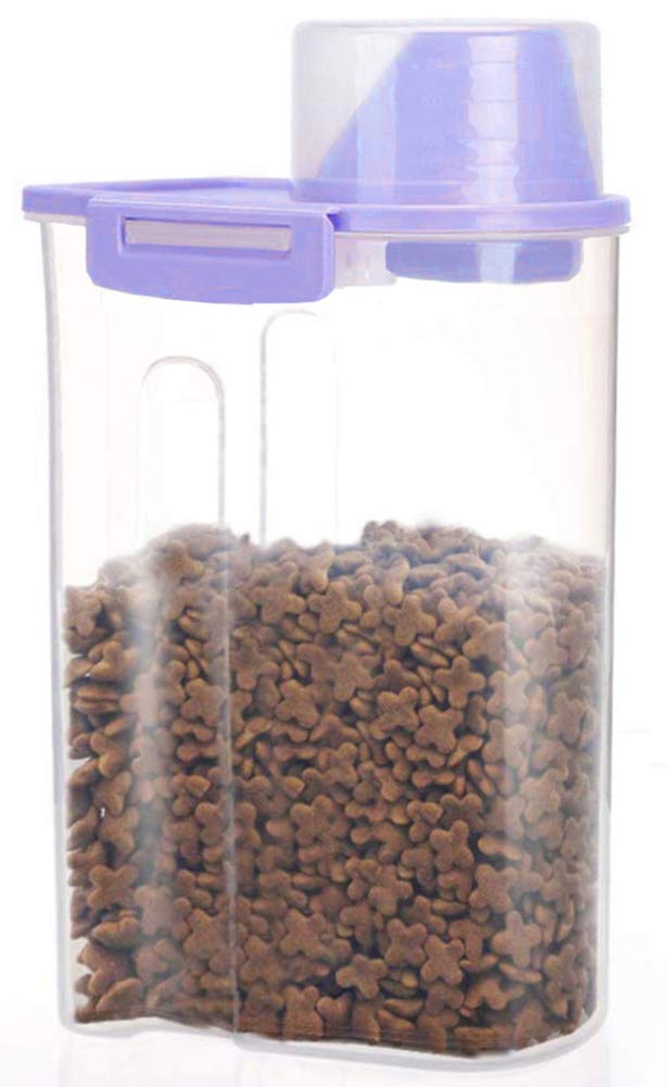 Pet Food Storage Container with Measuring Cup, Pour Spout and Seal Buckles Food Dispenser for Dogs Cats (Purple) 2.5L