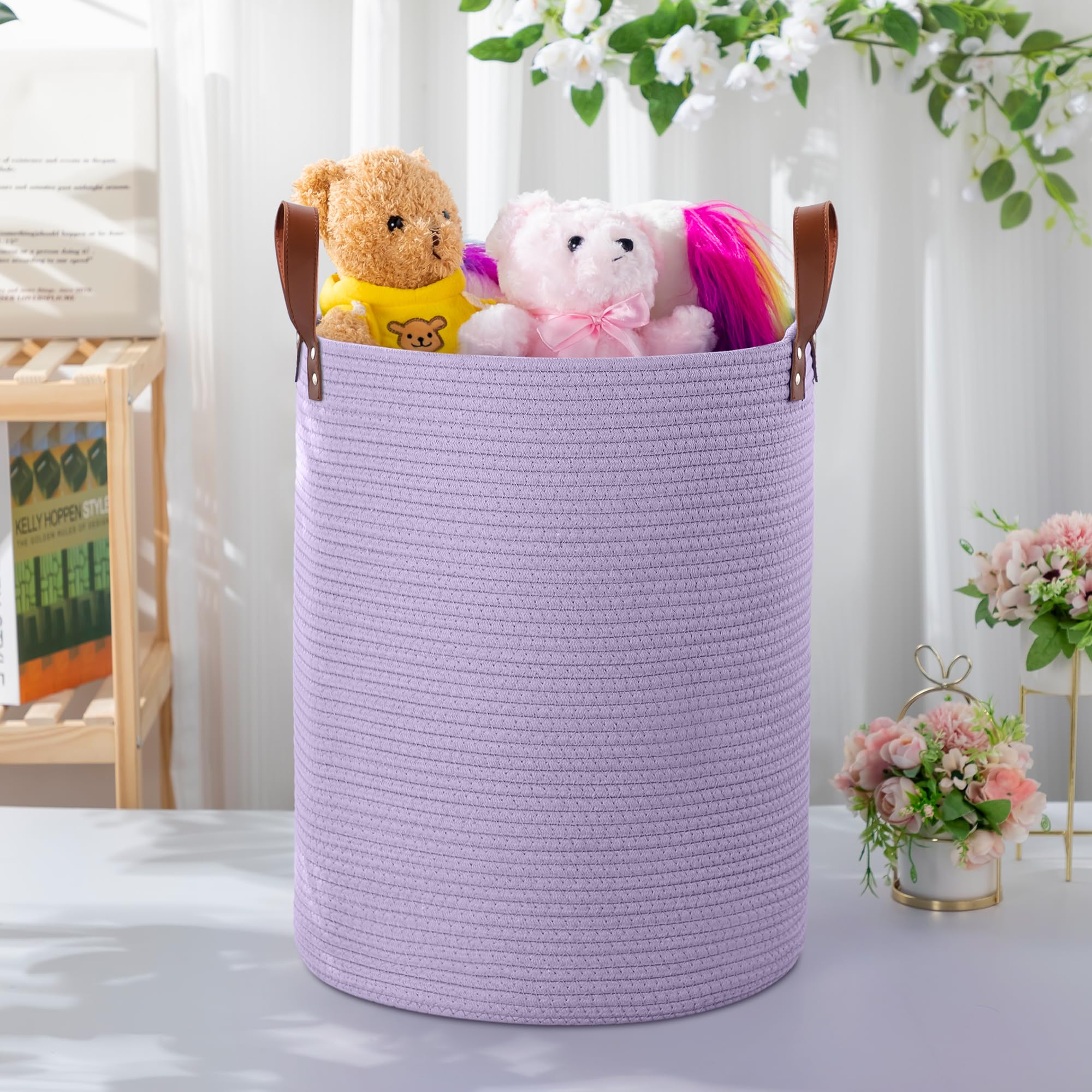wymulot 80L Large Rope Basket, Woven Rope Storage Basket with Leather Handles, Dog Toy Storage Basket, Bedroom, Nursery Blanket Storage, Bathroom Laundry Basket, 16βx20β Tall Rope Basket (Purple)
