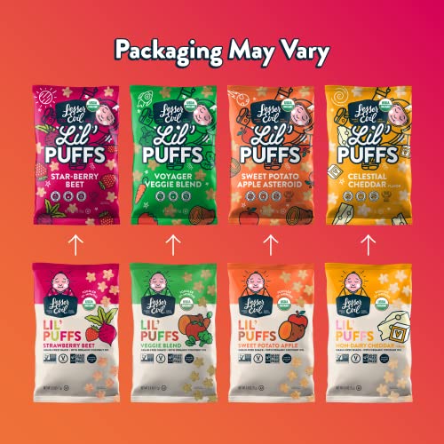 LesserEvil Lil' Puffs Variety Pack, Contains 2 Sweet Potato Apple, 2 Strawberry Beet, and 1 Veggie Blend, Organic Snacks for Kids, Rice-Free, 0g Sugar Per Serving, 2.5 Oz, (Pack of 5)