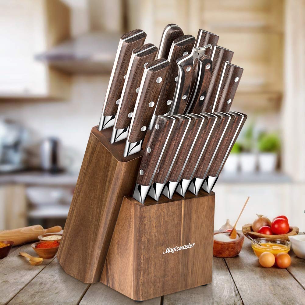 Knife Set, 15pcs Kitchen Knife Set with Wooden Block β German High Carbon Stainless Steel Professional Chef Knife Block Set, Manual Sharpening, Forged, Full-Tang