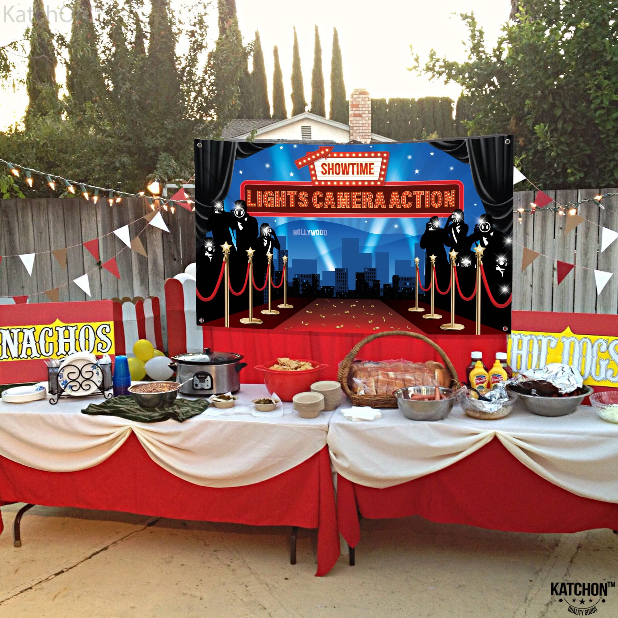 KatchOn, Large Lights Camera Action Backdrop - 72x44 Inch | Lights Camera Action Decorations | Hollywood Theme Party Decorations | Hollywood Backdrop for Oscar Party Decorations | Red Carpet Backdrop