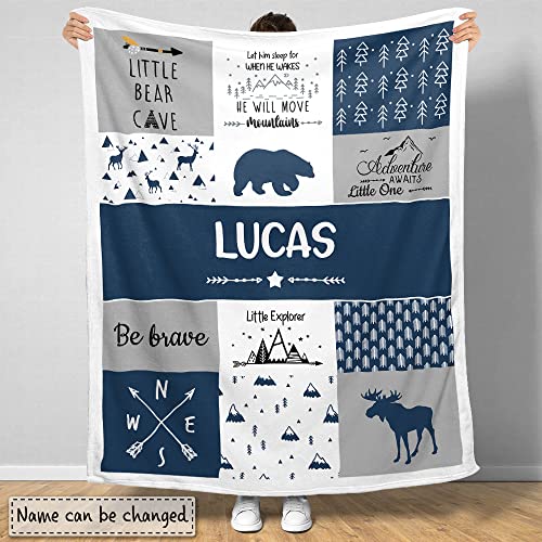 SANDJEST Personalized Baby Blanket Woodland Theme Animal Custom Name Baby Boy Fleece Throw Blanket Customized Gift for Baby New Mom Newborn Shower