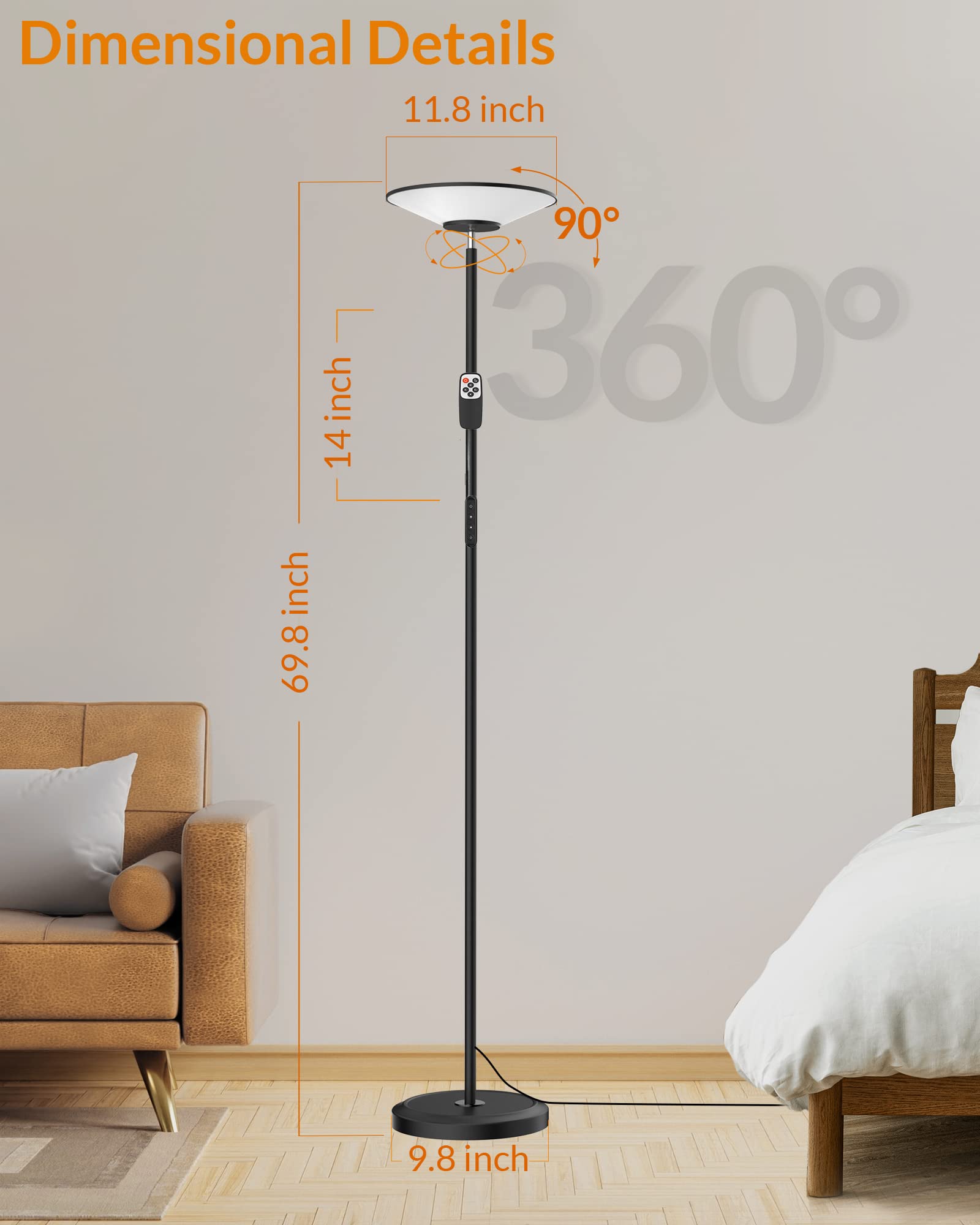 LEPOWER Bright Floor Lamp, Torchiere LED Standing Lamp with Wall Switch and Remote Control, 50 Lighting Effects Modern Pole Lamp, Tall Floor Lamps for Living Room, Bedroom, Office, Dorm, Corner