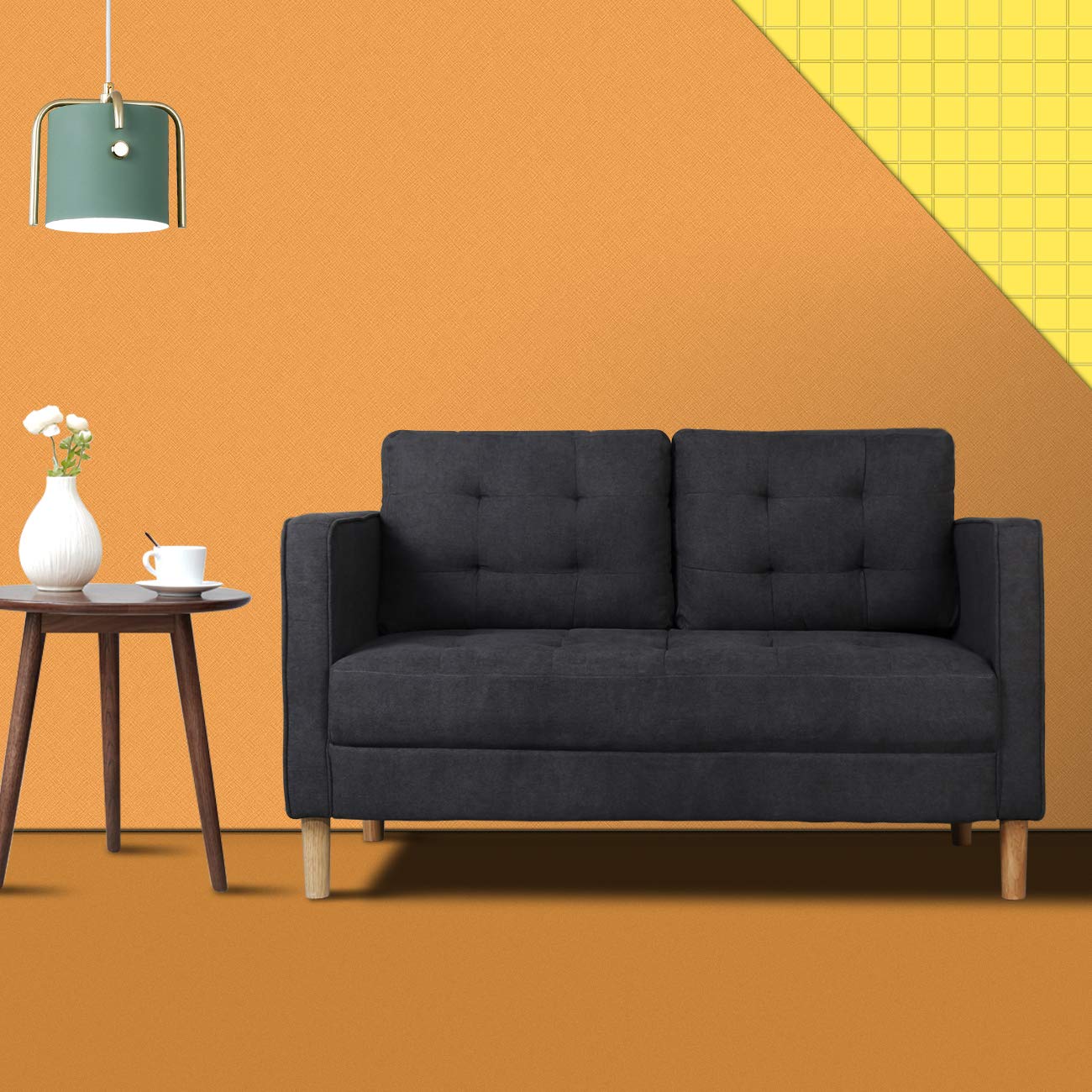 JIASTING Mid-Century Retro Modern Loveseat Sofa, Solid Wood Armrest 2-Seat Upholstered Tufted Back Couch, Living Room, Studio, Office Furniture