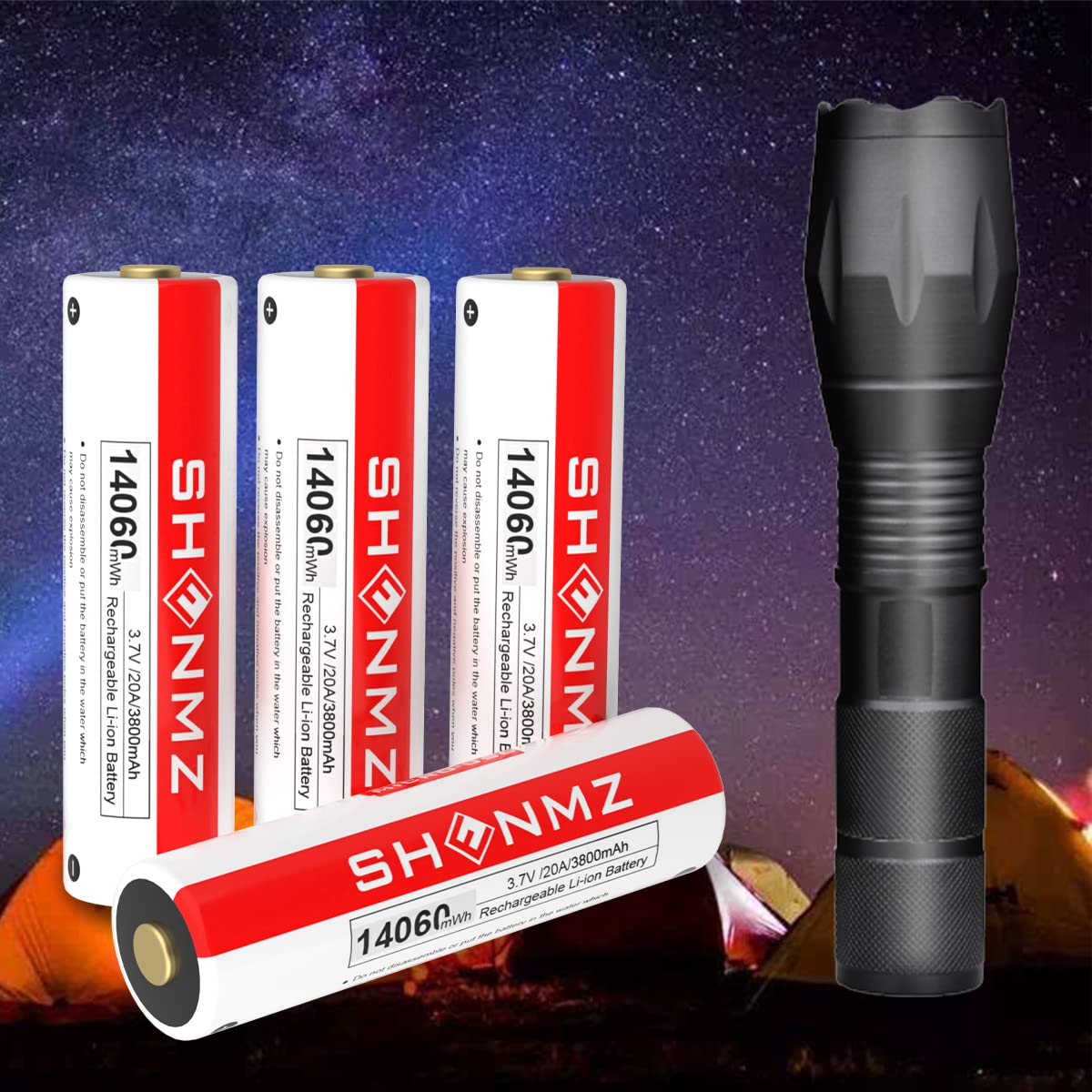 SHENMZ 3.7V Rechargeable Batteries,3600mAh 30A Button Top Batteries,with Micro-USB Charging Cable for Flashlights, Headlamps, Doorbells, RC Cars (2 Pcs)