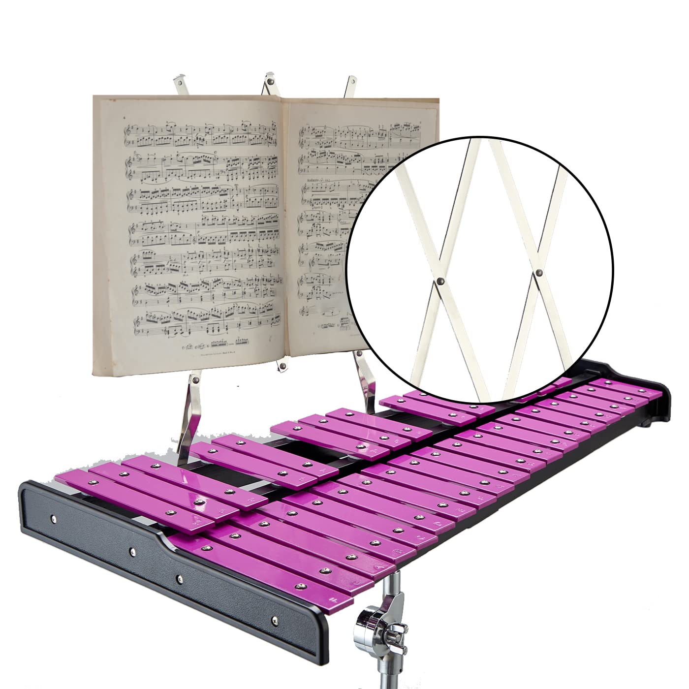 MIRIO Glockenspiel 32 Notes, Violet Xylophone Percussion Bell Kit for Student, Adult, with 8" Drum Practice Pad, Mallets, Adjustable Height Frame, Music Stand and Carrying Case