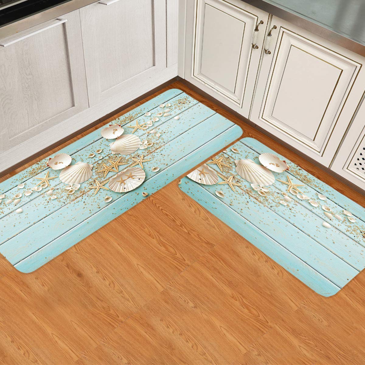Kitchen Rug Set 2 Pieces Beach Cushioned Kitchen Floor Mats Comfort Soft Standing Doormat, Non Slip Rugs and Runner Coastal Seashell Starfish Blue Wood Board