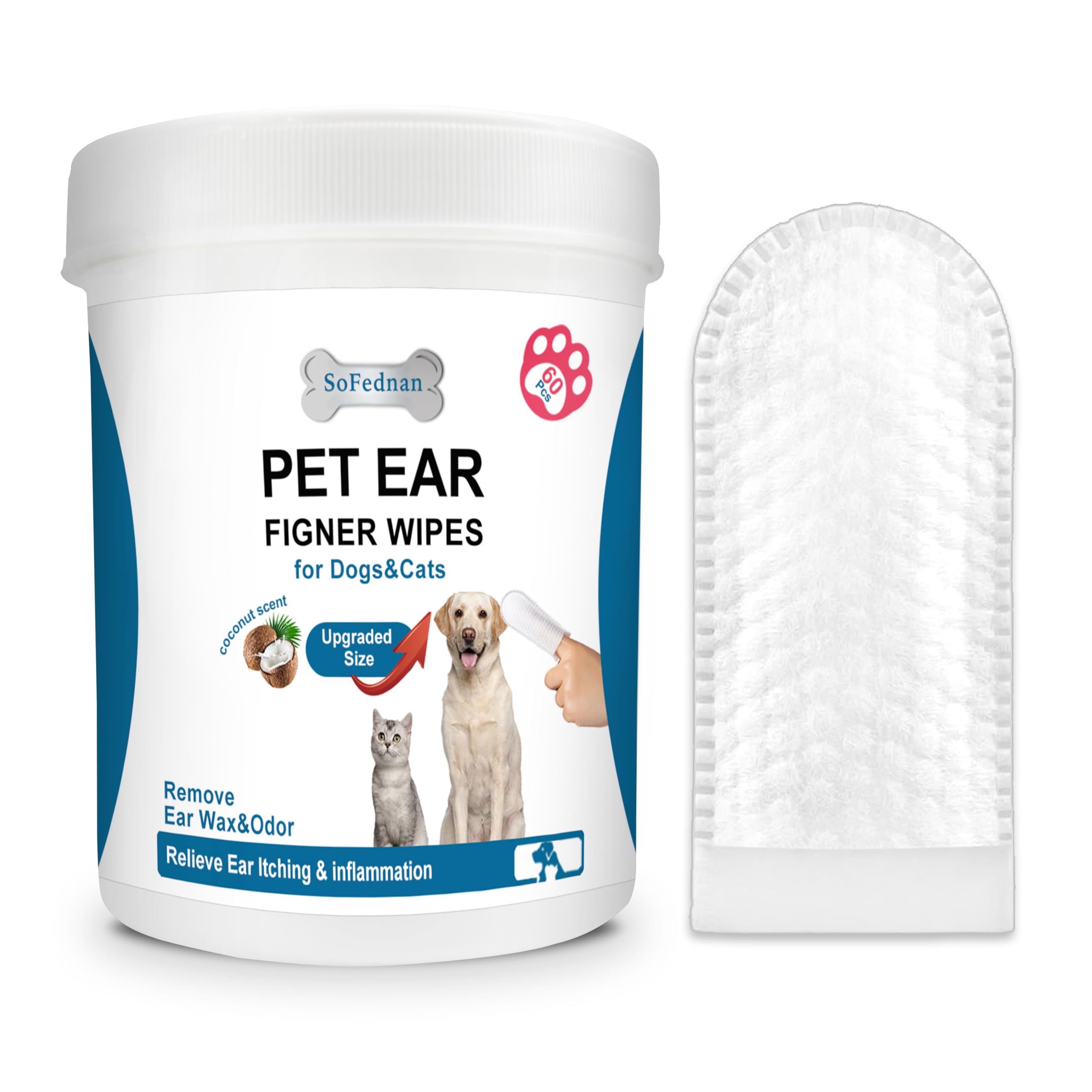 SoFednan Ear Finger WipesοΌPet Ear Cleaner Finger Wipes for Dogs and CatsοΌRemove Ear Wax and DirtοΌStop Smelly & Itchy Ears, Non-Irritating - Hypoallergenic (60 Count, Coconut Scent)