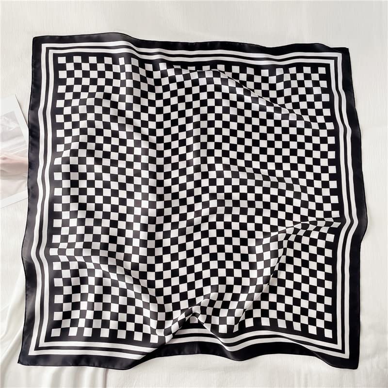 NaSoPerfect 27 inch Silk Feeling Scarf Square Satin Head Scarf Fashion Checkerboard Print Neck Scarfs for Women Black and White