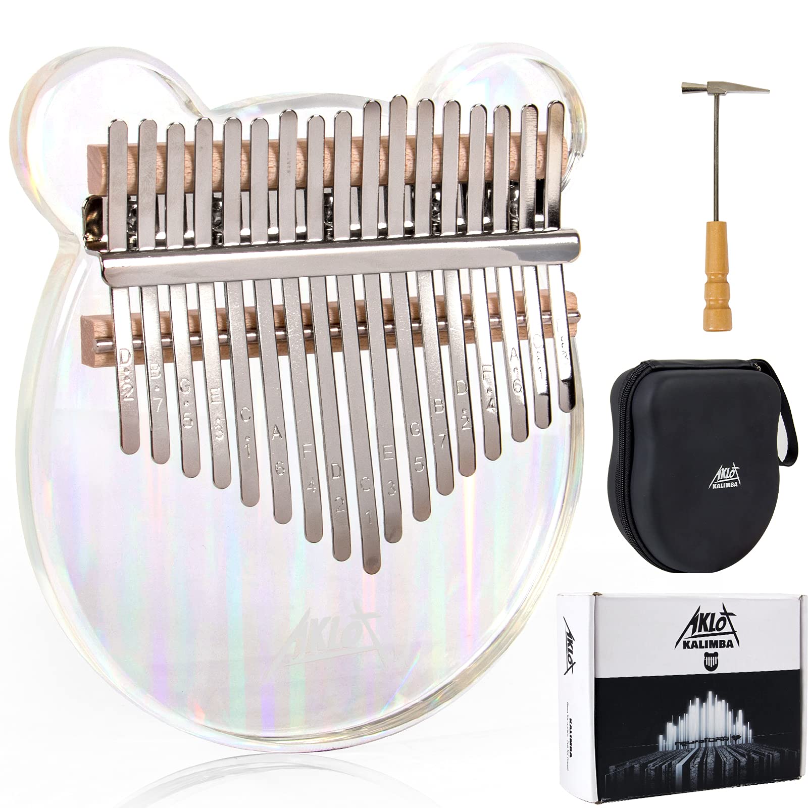 Kalimba, AKLOT Thumb Piano 17 Keys Crystal Finger Piano Rainbow Bear Start Kits with Protective Case Tuning Hammer Study Booklet Cleaning Cloth
