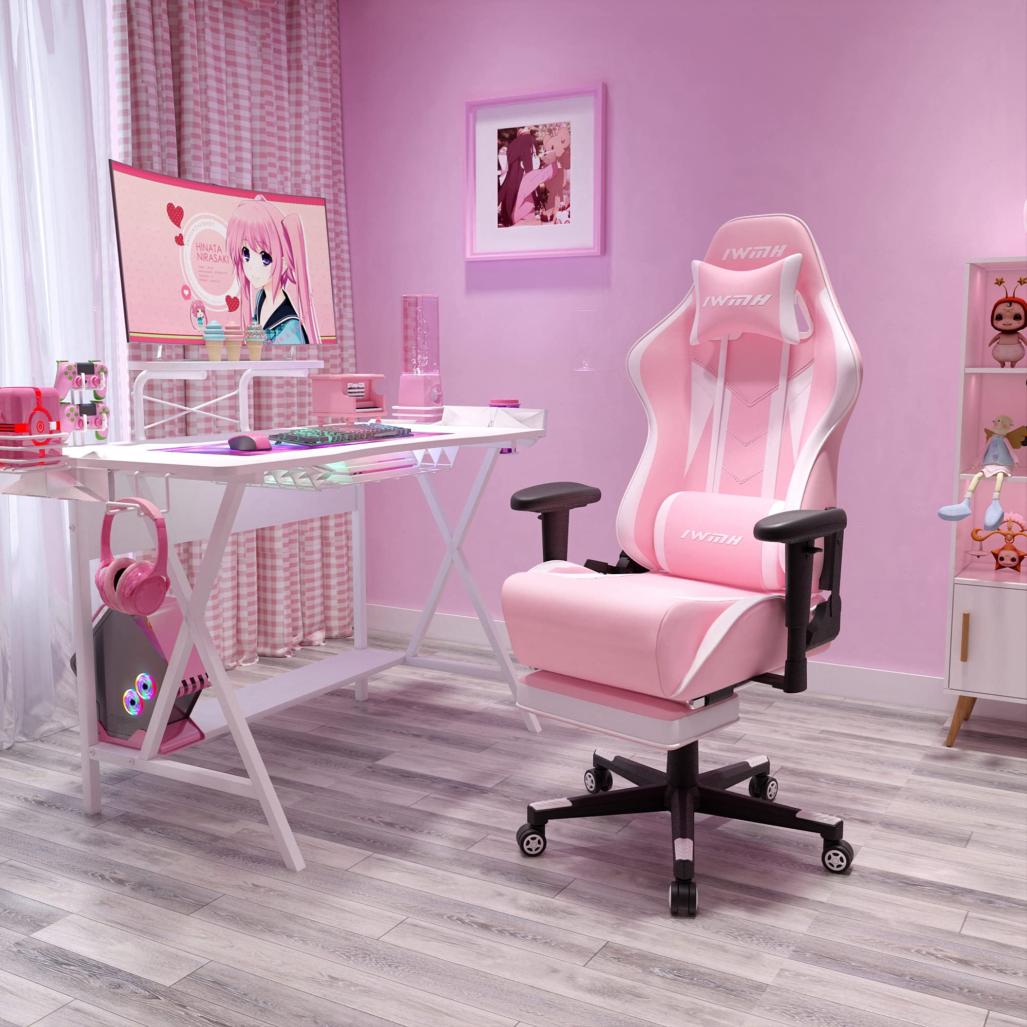 IWMH Gaming Chair with Footrest Ergonomic, High Back Reclining Computer Desk Chair for Home Office, Adjustable Leather Racing Chair with Headrest Lumbar Support (Pink)