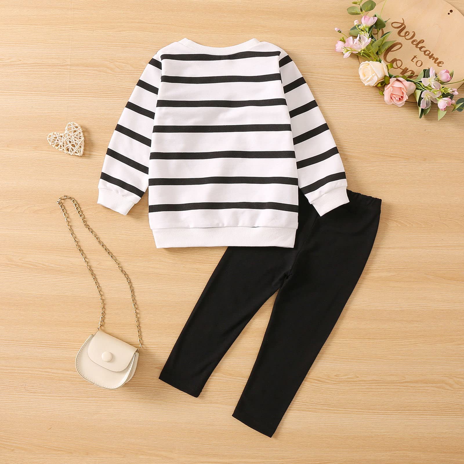 Ritatte Toddler Baby Girl Outfits Striped Bowknot Long Sleeve Pullover Sweatshirt Tops Solid Pants Cute Fall Winter Clothes(Black, 4-5T(120))