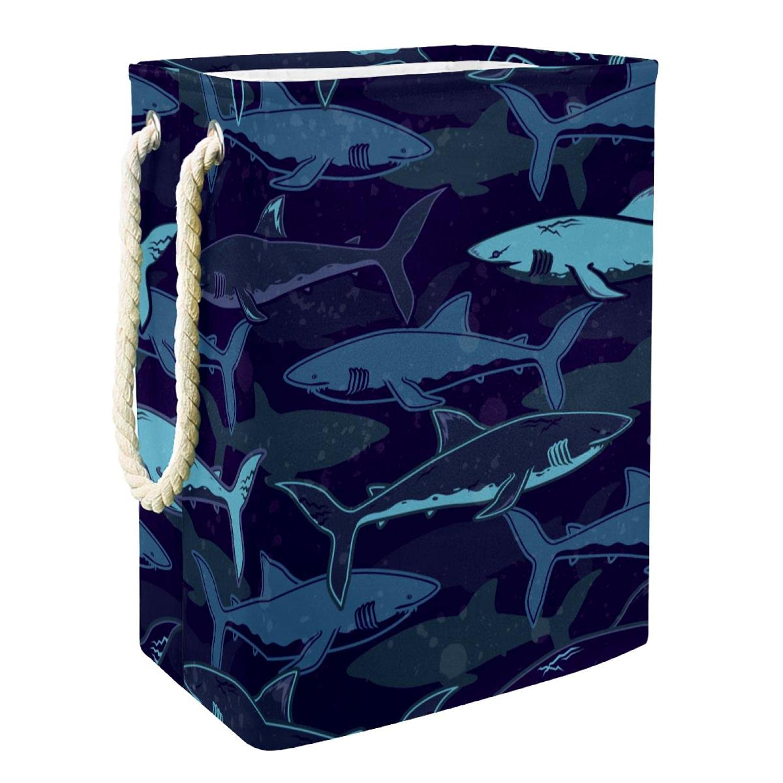Laundry Basket With Handles Waterproof Collapsible Laundry Hamper For Storage Bins Kids Room Home Organizer Navy Blue Sharks Ocean Sea, 19.3x11.8x15.9 In