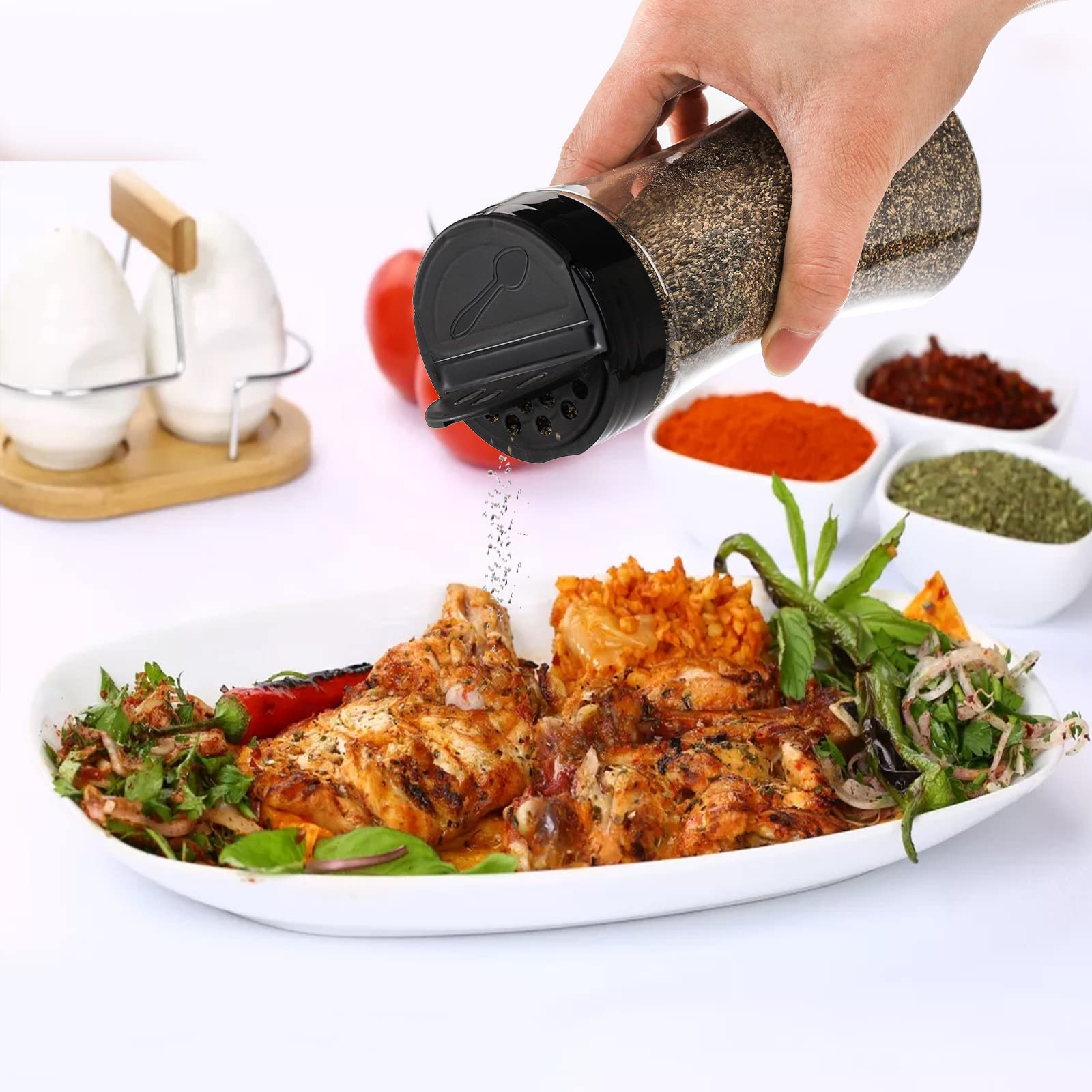 Lyellfe 16 Pack Plastic Spice Jar with Shaker Lid, 12 Oz Empty Seasoning Shaker Bottle, Flap Cap with Pour and Sifter Spice Shaker, Durable Refillable for Spice Top Rack, Herbs, Powder, Glitter