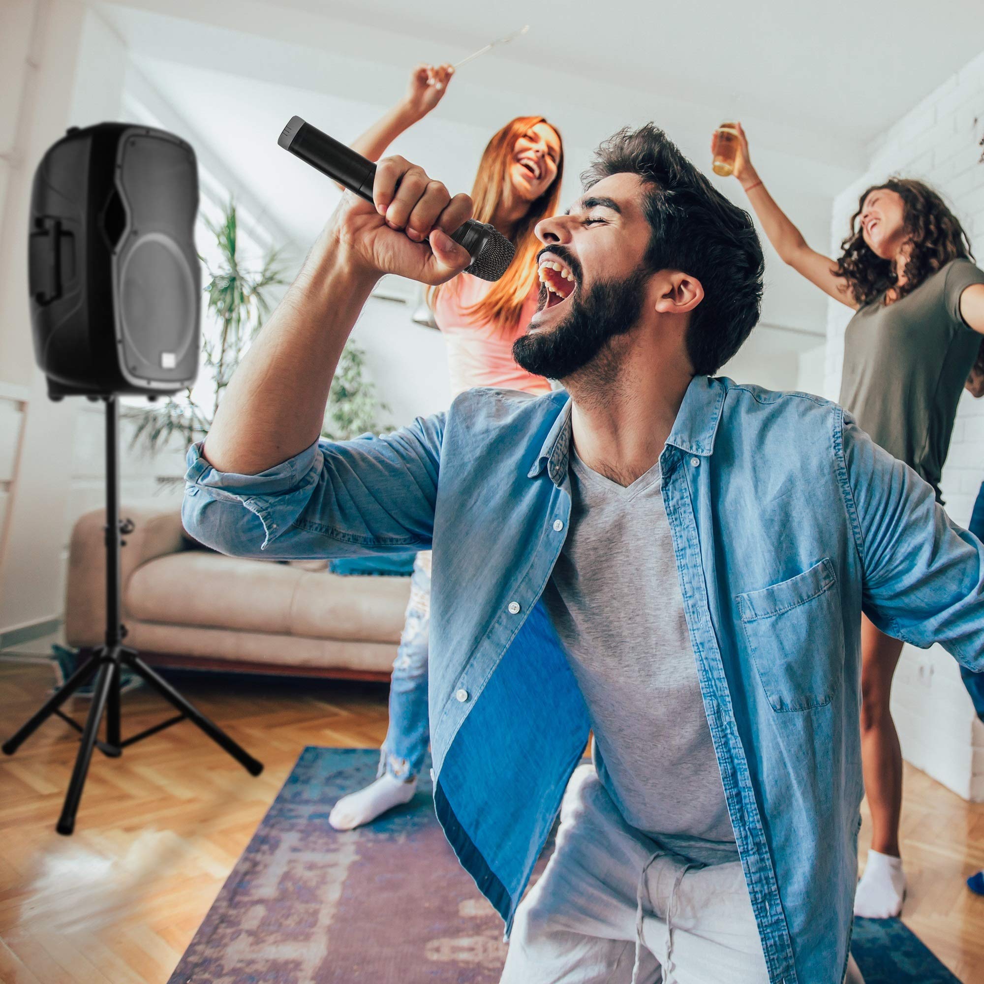 Knox Gear Portable Rechargeable Bluetooth Speaker Karaoke Machine System with 2 Wireless Microphones, Indoor Outdoor Party Size Active Amplifier with Stand and Phone Mount