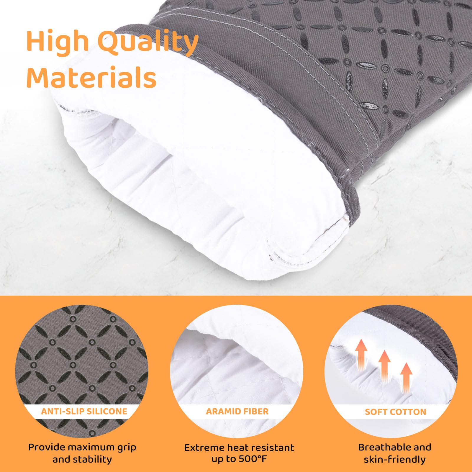IXO 6Pcs Oven Mitts and Pot Holders, 500°F Heat Resistant Oven Mitts with Kitchen Towels Soft Cotton Lining and Non-Slip Silicone Surface Safe for Baking, Cooking, BBQ
