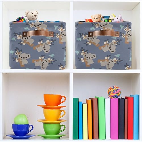 Koala Floral Storage Basket Collapsible Storage Bins Box Cubes Fabric Clothes Hamper Toy Chest Gift Baskets for Shelves Home Shoes Office Nursery with Leather Handles