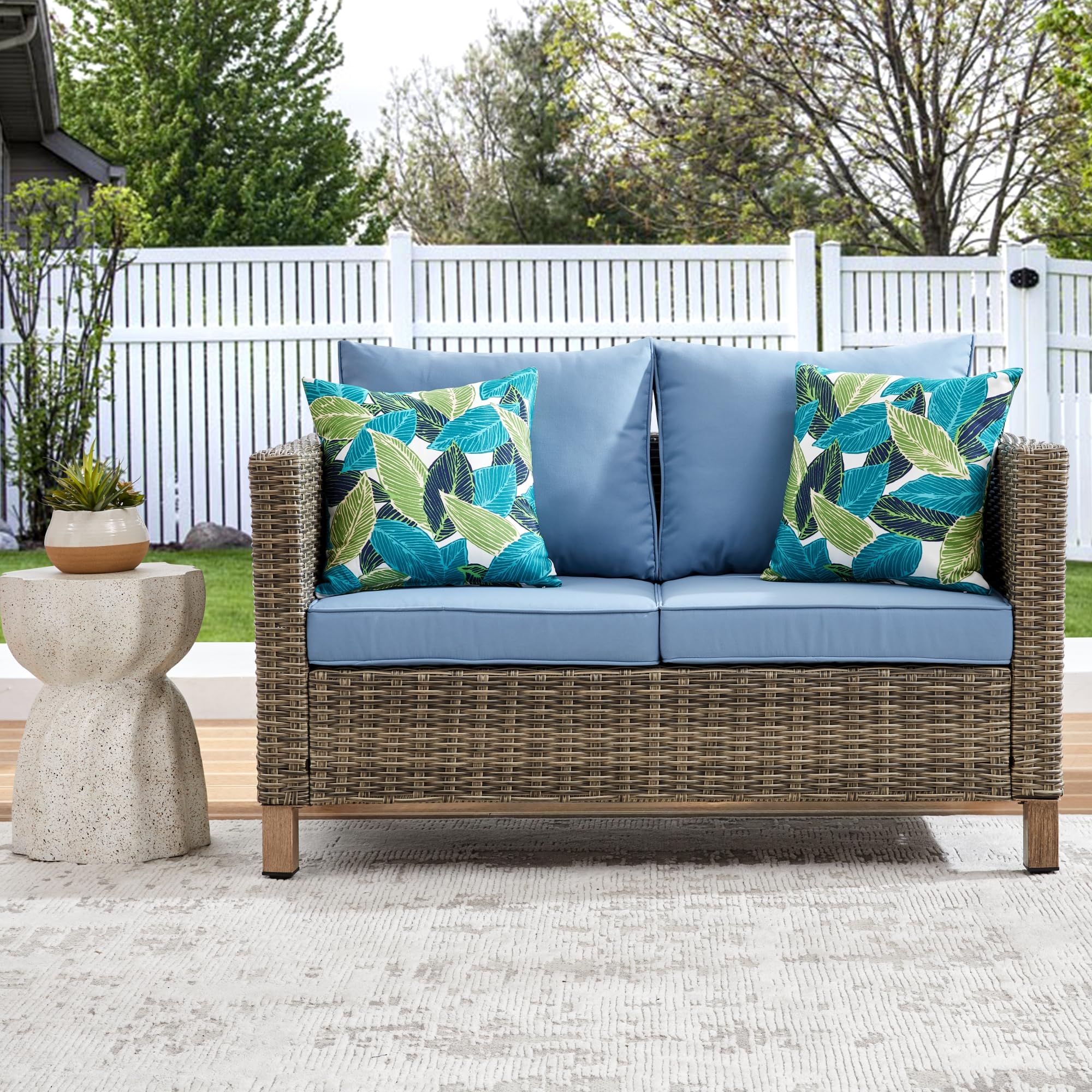 Outdoor PE Wicker Loveseat Sofa, All Weather 2 Seater Small Patio Sofa with Anti-Slip Cushions, Rattan Loveseat Couch Outdoor Furniture for Backyard, Garden, Porch, Blue
