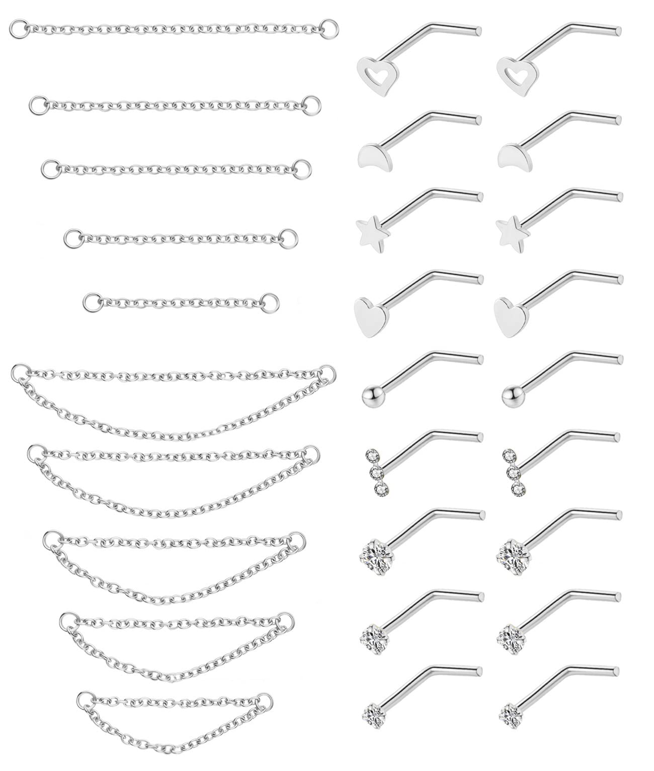 Masedy 20G Stainless Steel Nose Ring Stud Nose Ring Chain Piercing Across Double Nose Stud Heart Ball CZ Nose Studs Nostril Piercing Jewelry SL